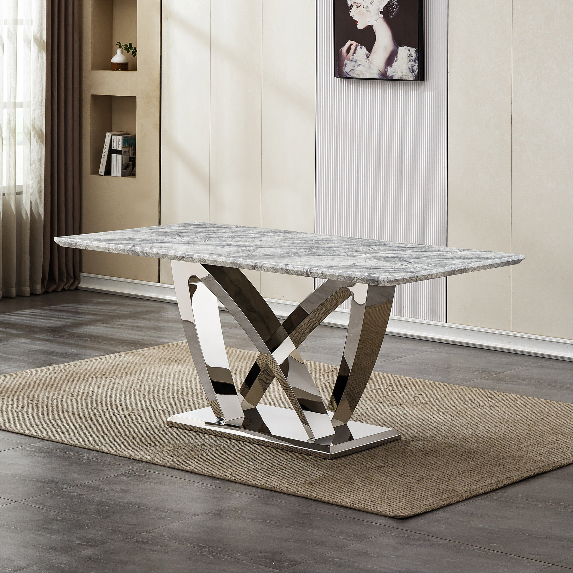 Mercer41 Marble Dining Table For 6 People, 70'' Rectangle Faux Marble ...