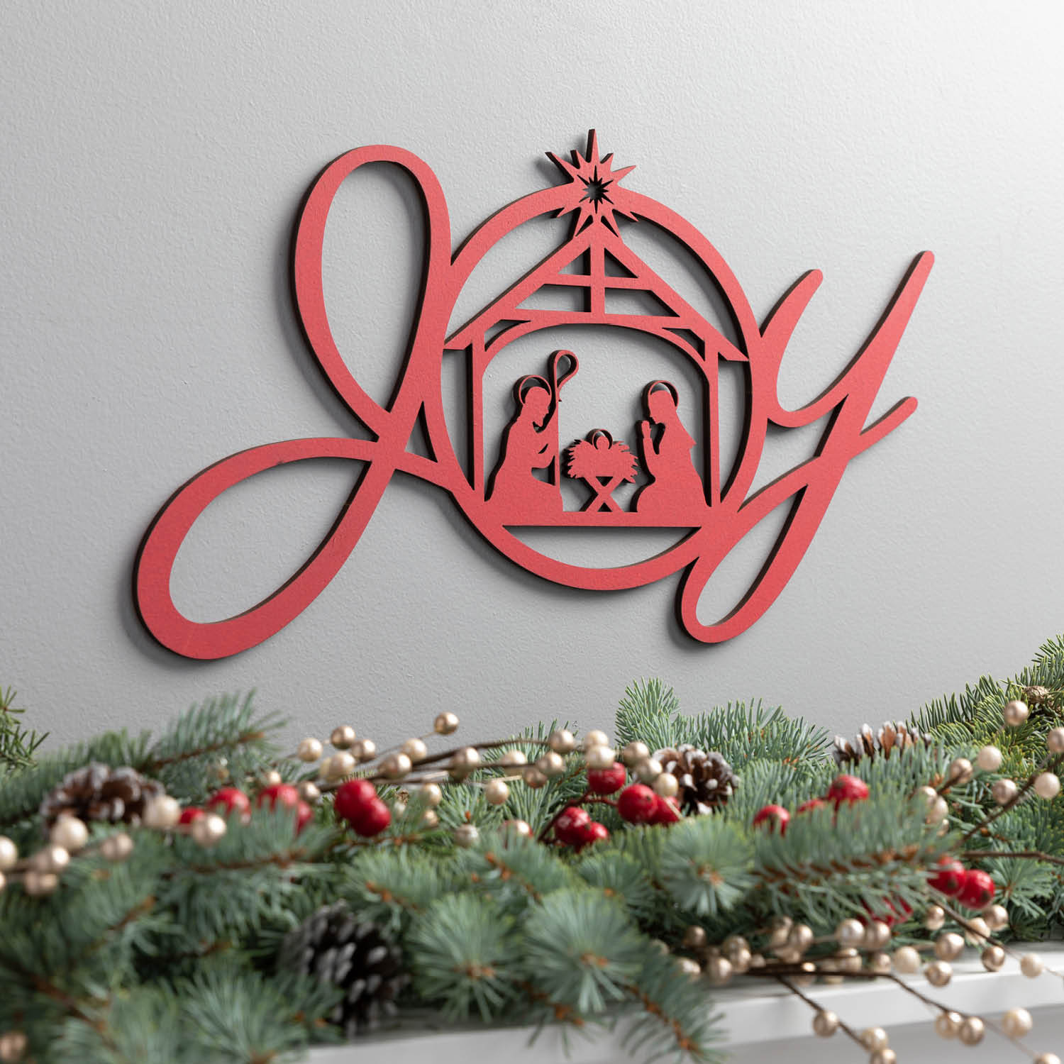 Trinx Joy Christmas Manger Scene On Red Wood Plaque | Spiritual Birth ...