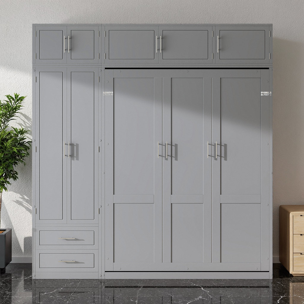 Red Barrel Studio® Queen Size Murphy Wall Bed with Storage Cabinets ...