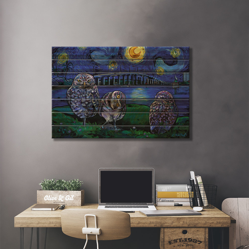 Millwood Pines «Abadie Burrowing Owls In The Starry Night On Wood» par ...