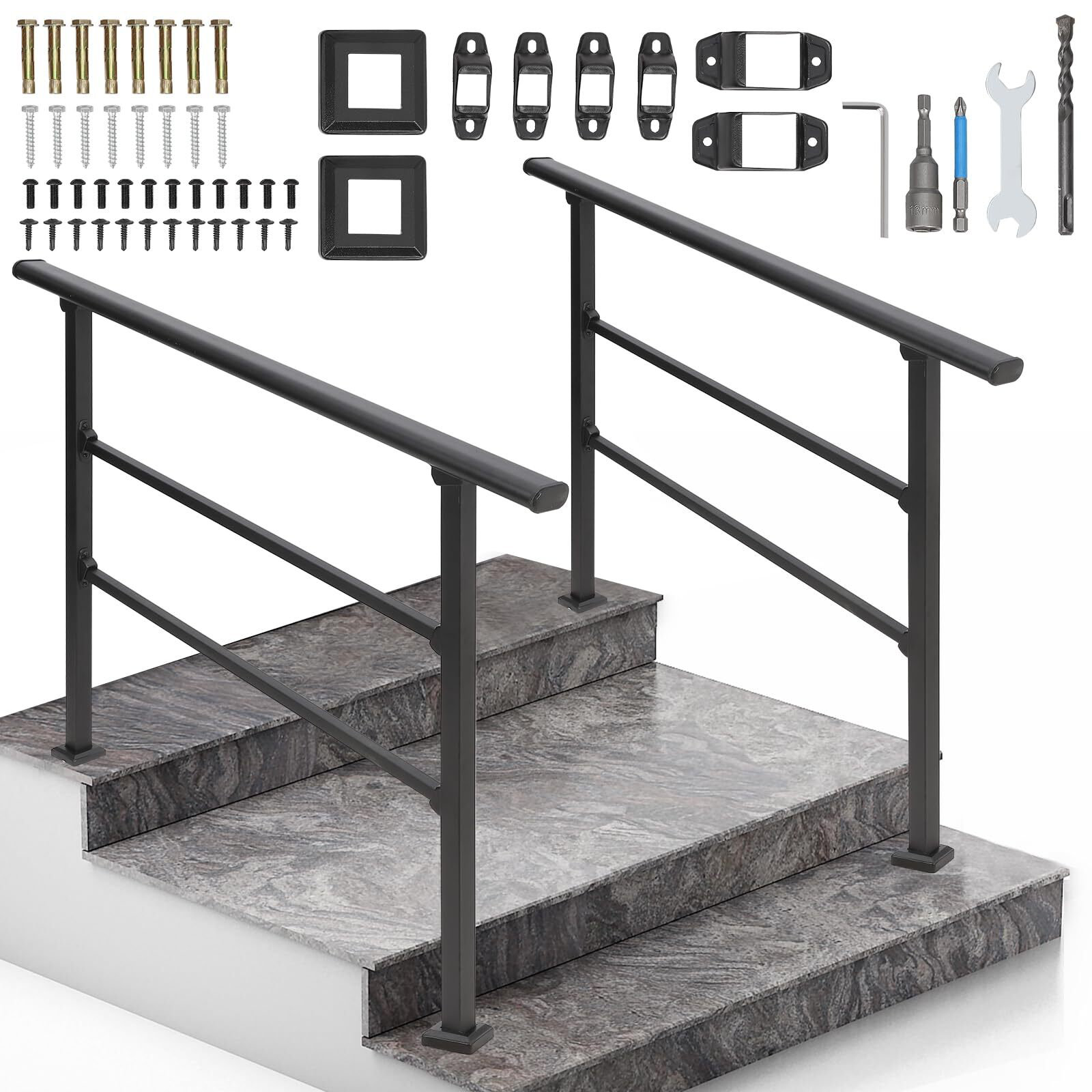 babevy 4 Step Stair Handrail, Outdoor Stair Railing Fits 3 To 4 Steps ...