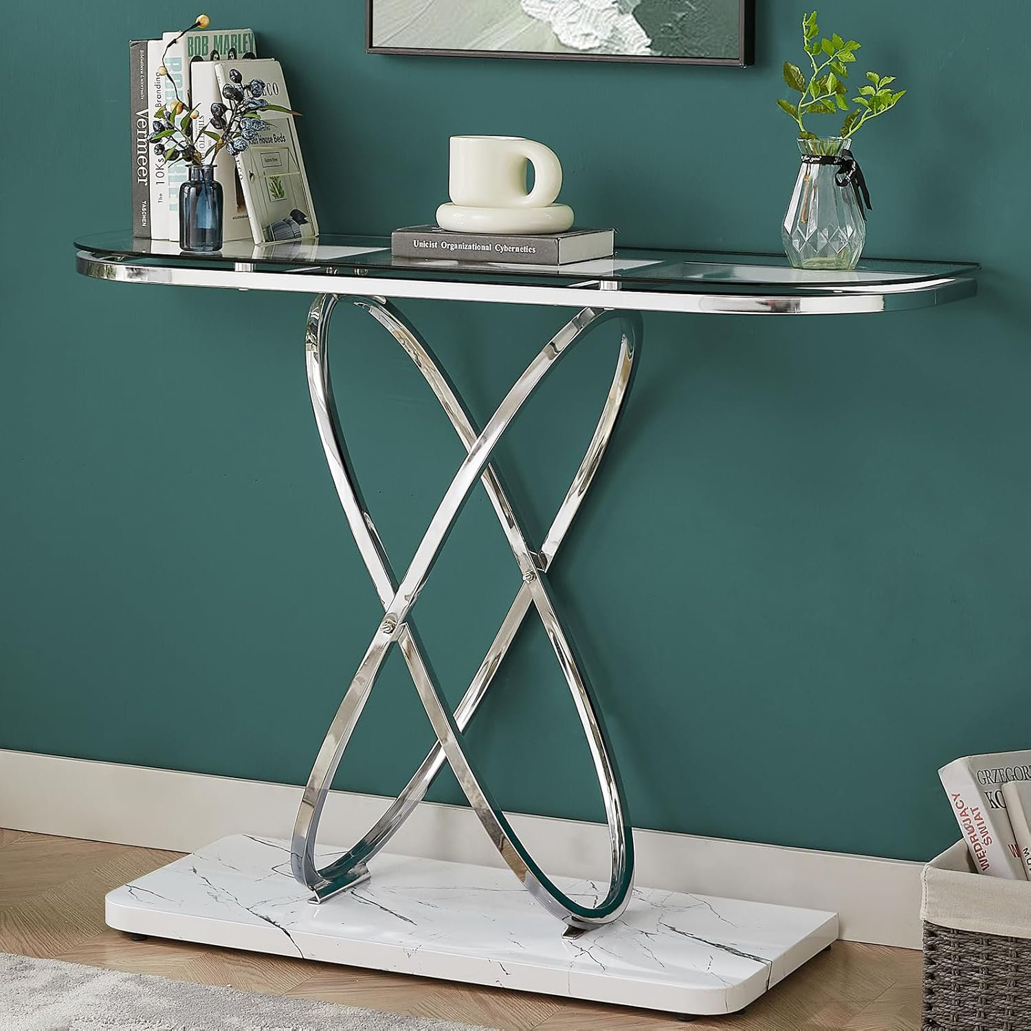 Brayden Studio Modern Glass Console Table With Oval Frames And Marbling ...