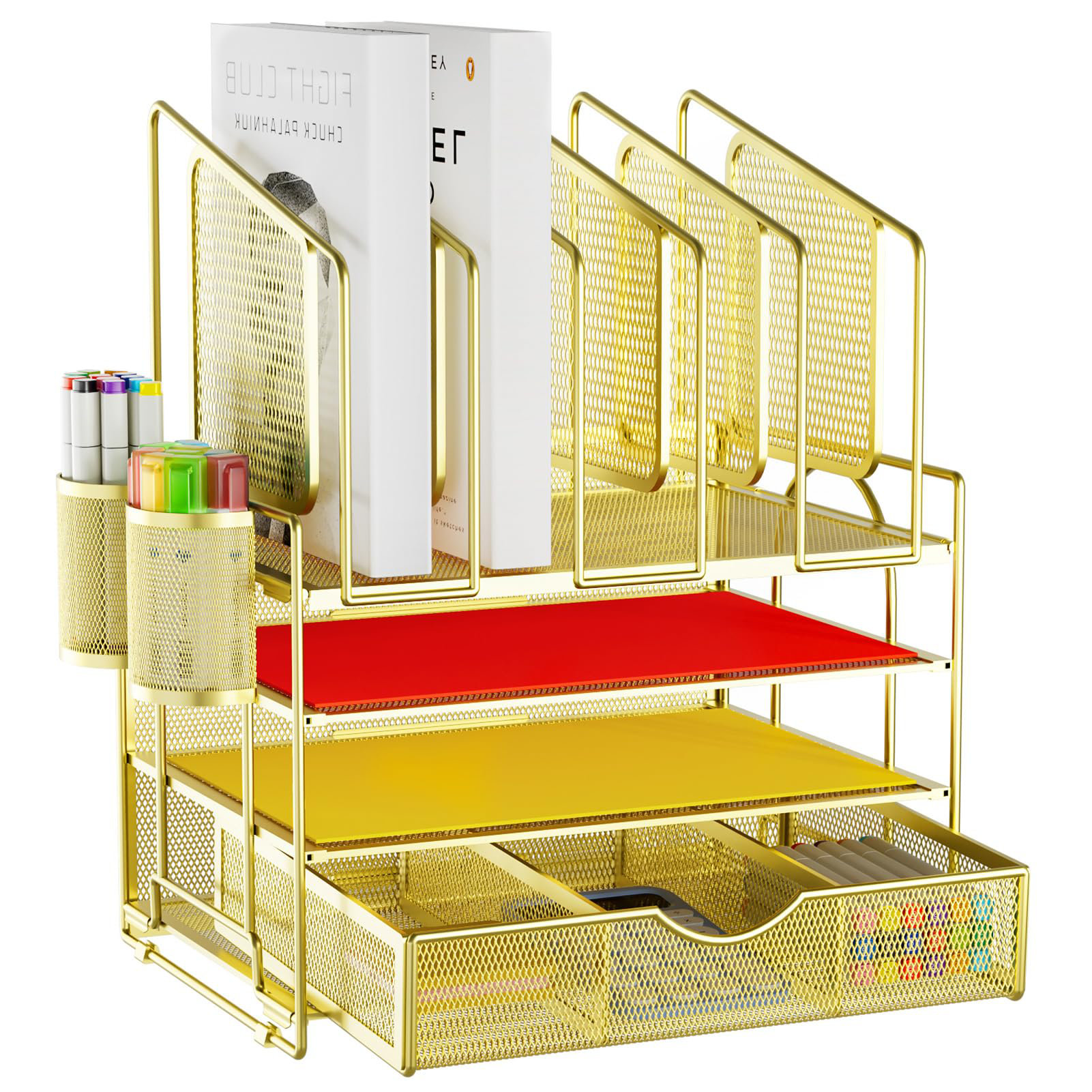 Inbox Zero Gold Mesh Desk Organizer With Tiered Sliding Trays, Vertical ...