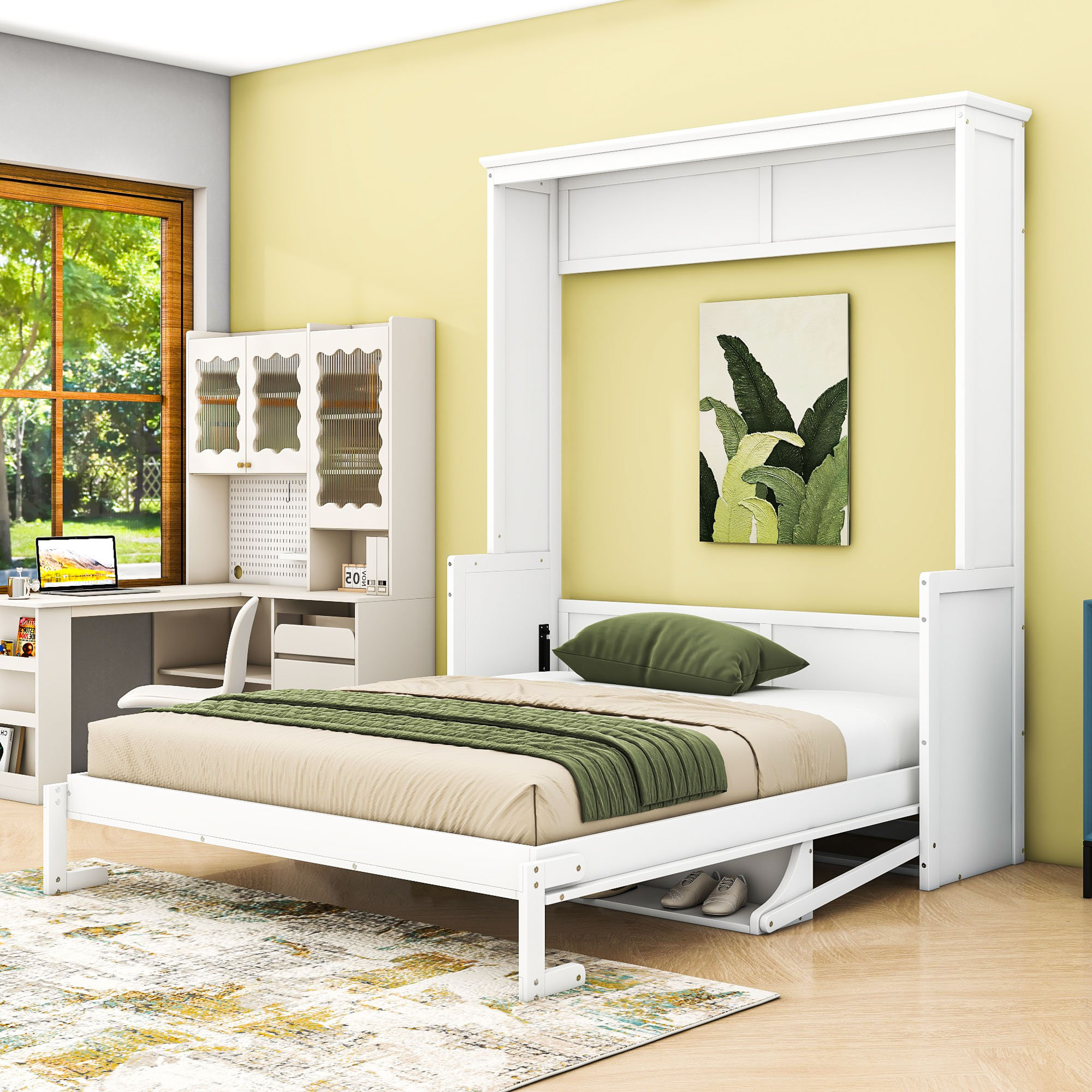 Winston Porter Queen Size Wooden Murphy Bed with Convertible Desk-Shelf ...