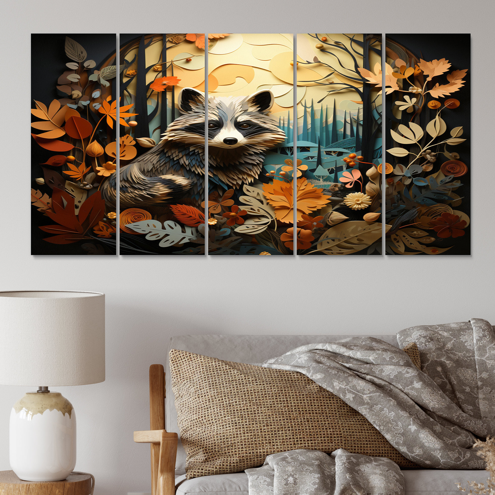 Millwood Pines Curious Raccoon Collage I - 5 Piece Wrapped Canvas Print ...