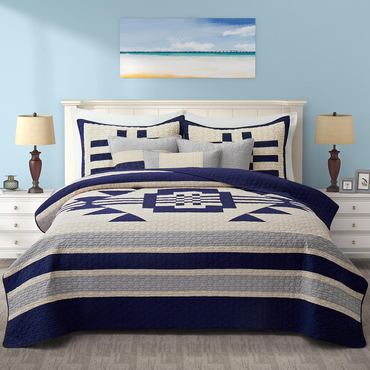 CoastalCart 6 Peice Patchwork Bedspread Quilt Set Navy Blue Cream Gray ...