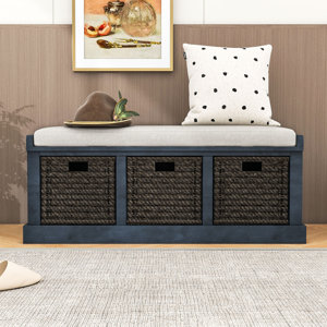 Lark Manor™ Rustic Storage Bench with Cushion and 3 Woven Rattan ...