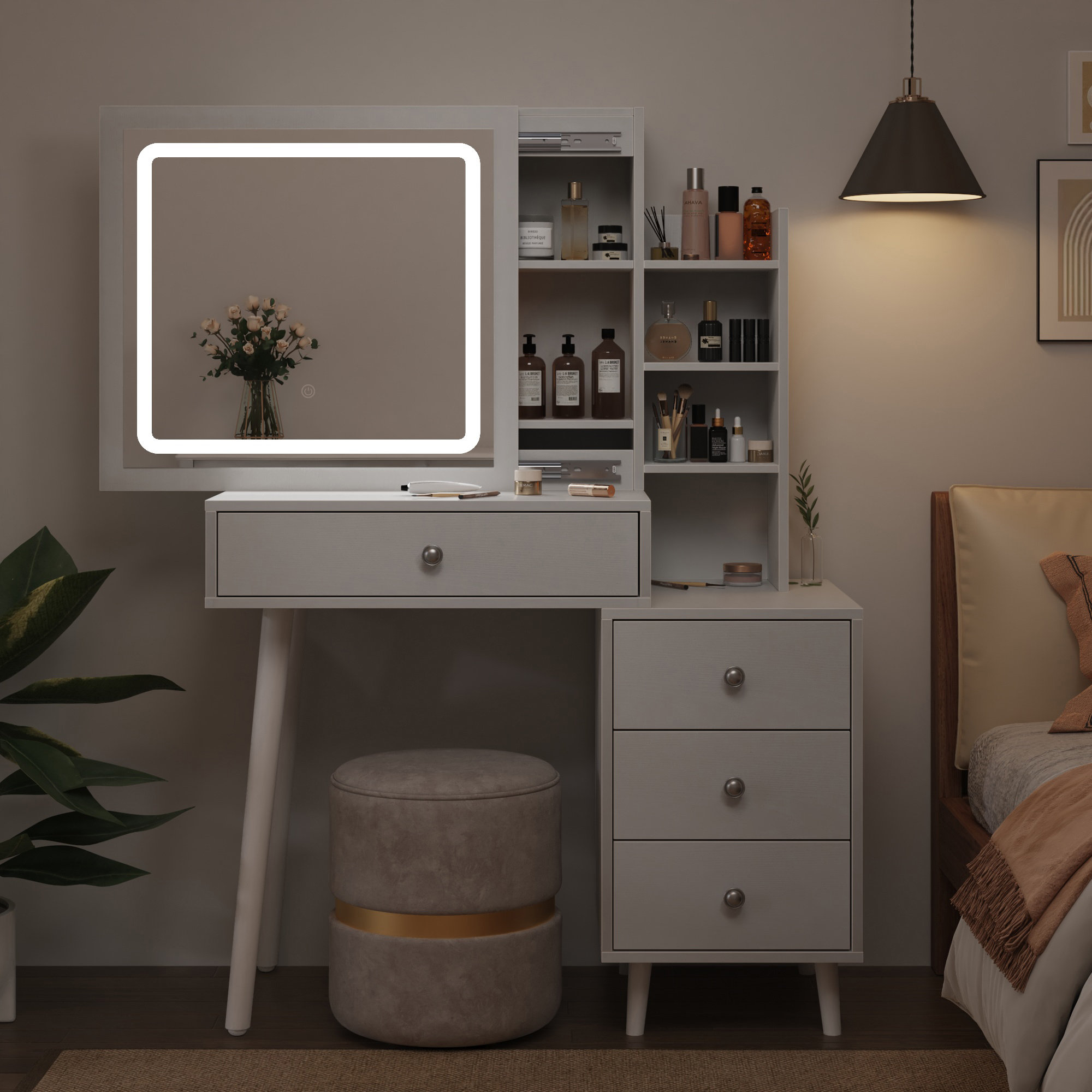 George Oliver Julisa Makeup Vanity Desk with Sliding LED Mirror and ...