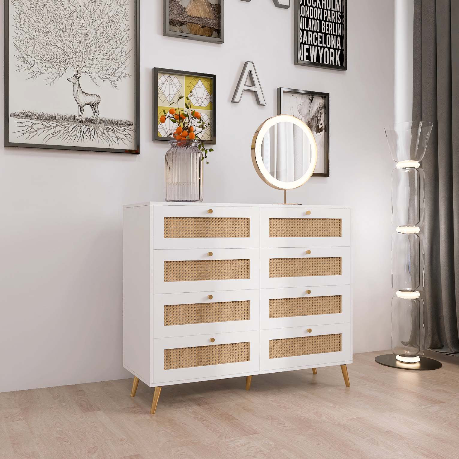 Bay Isle Home™ White Color 8 Drawers Chest of Drawers with Rattan ...