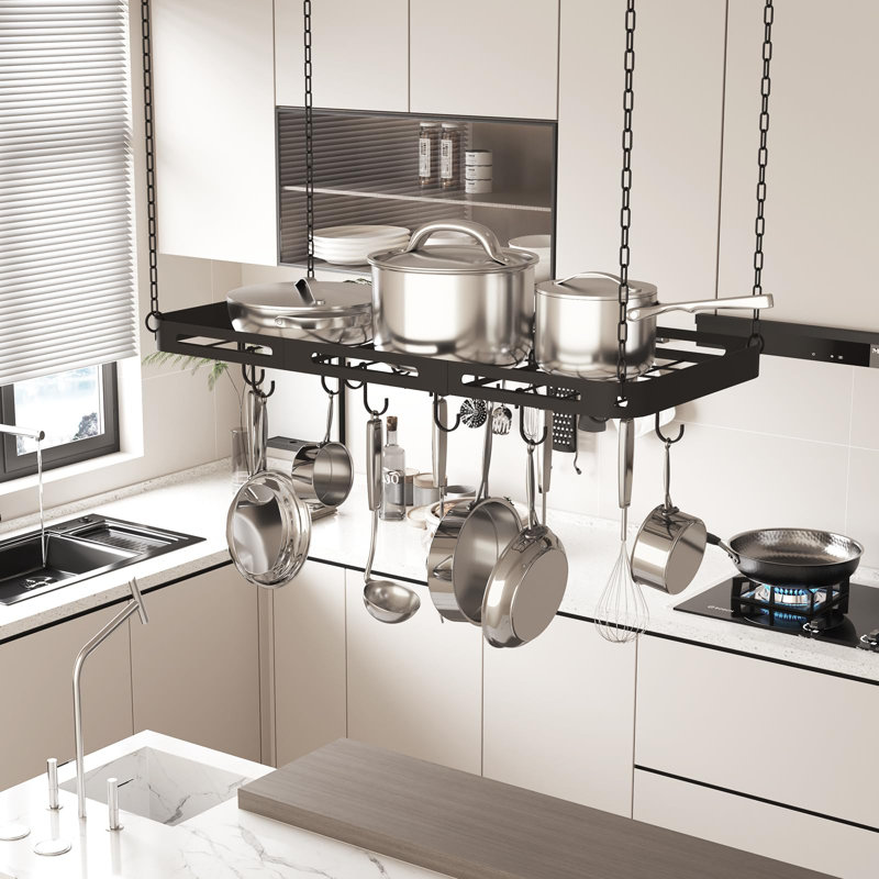 August Grove® 33" Ceiling Mount Pot And Pan Rack With 15 Hooks, Black ...