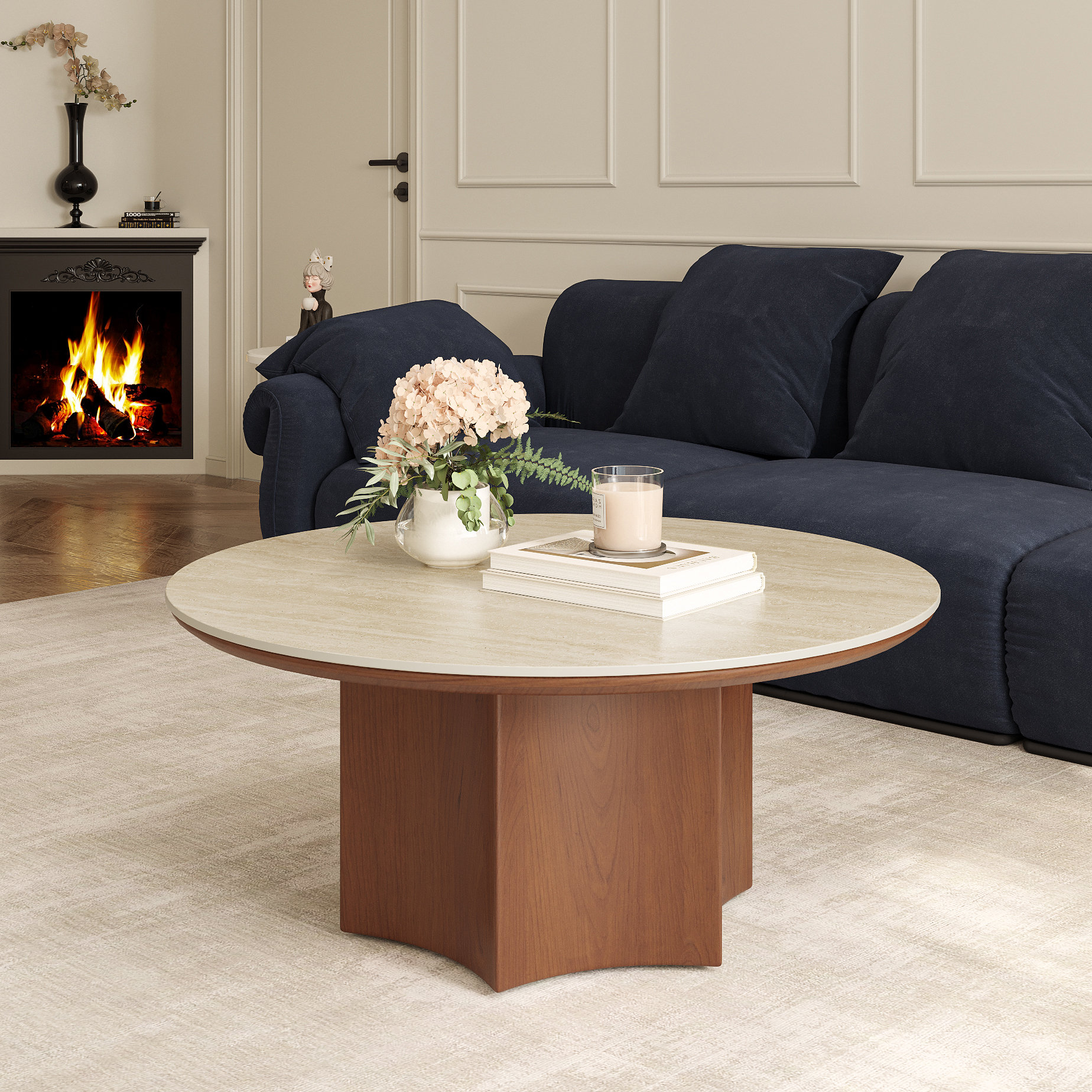 Latitude Run® 40" Round Stone Top Coffee Table With Brown Wood Base ...