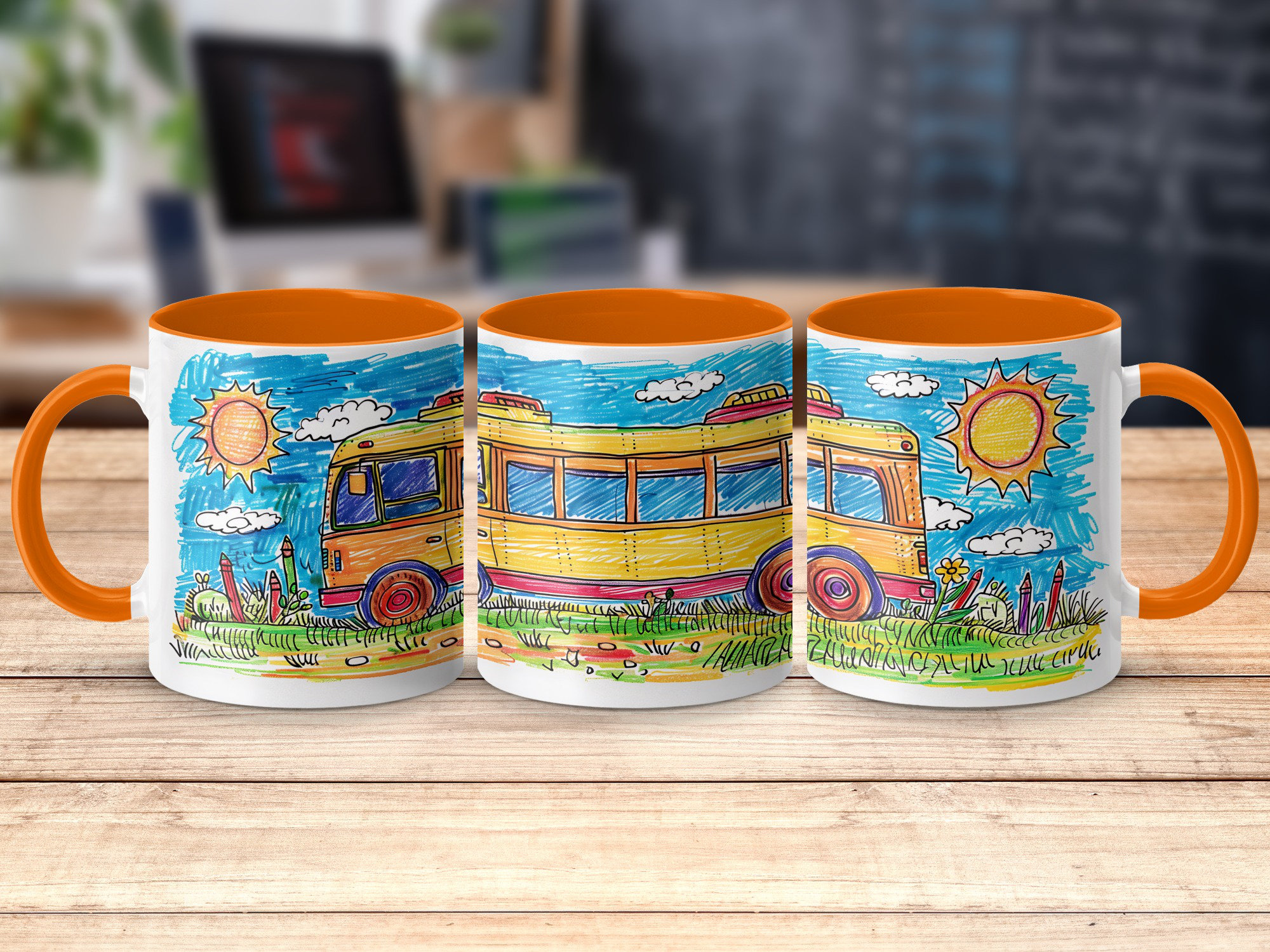 East Urban Home Set of 3 Kids Drawing Style 11oz Accent Mugs – White ...