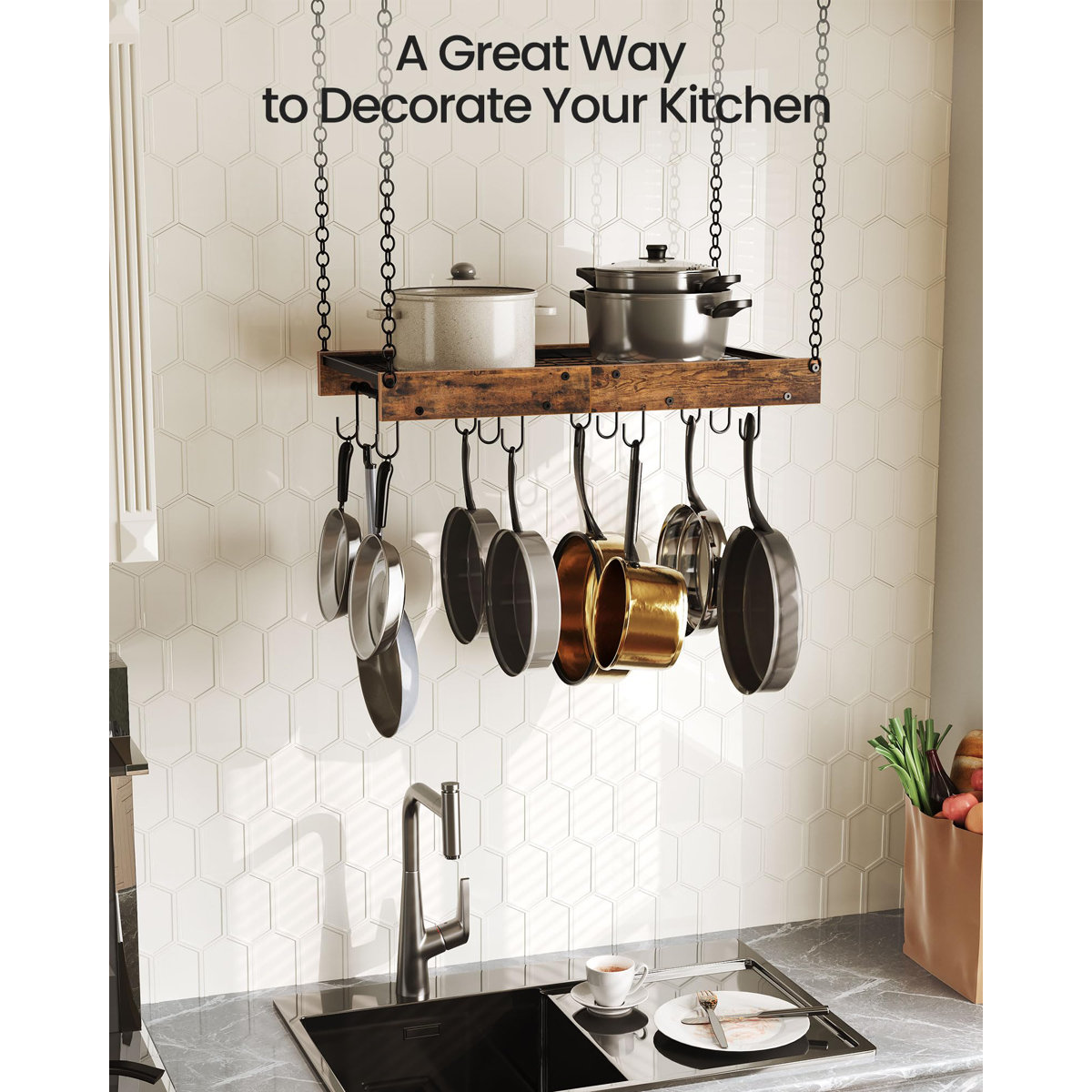 17 Stories Vintage Ceiling Mounted Pot Rack With 12 S-Hooks - Rustic ...
