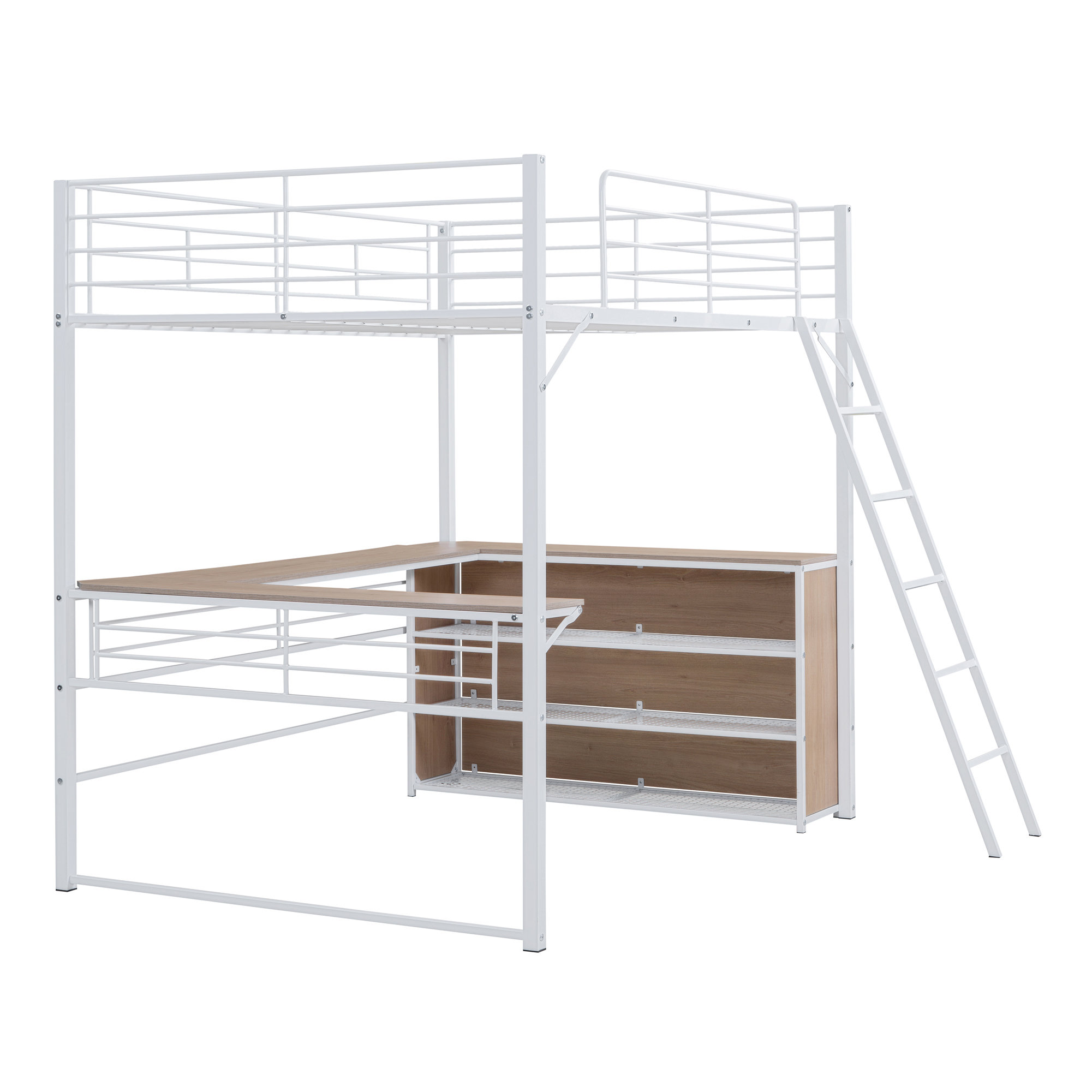 17 Stories Metal Frame Loft Bed With Storage Shelves And L-Shaped Desk ...