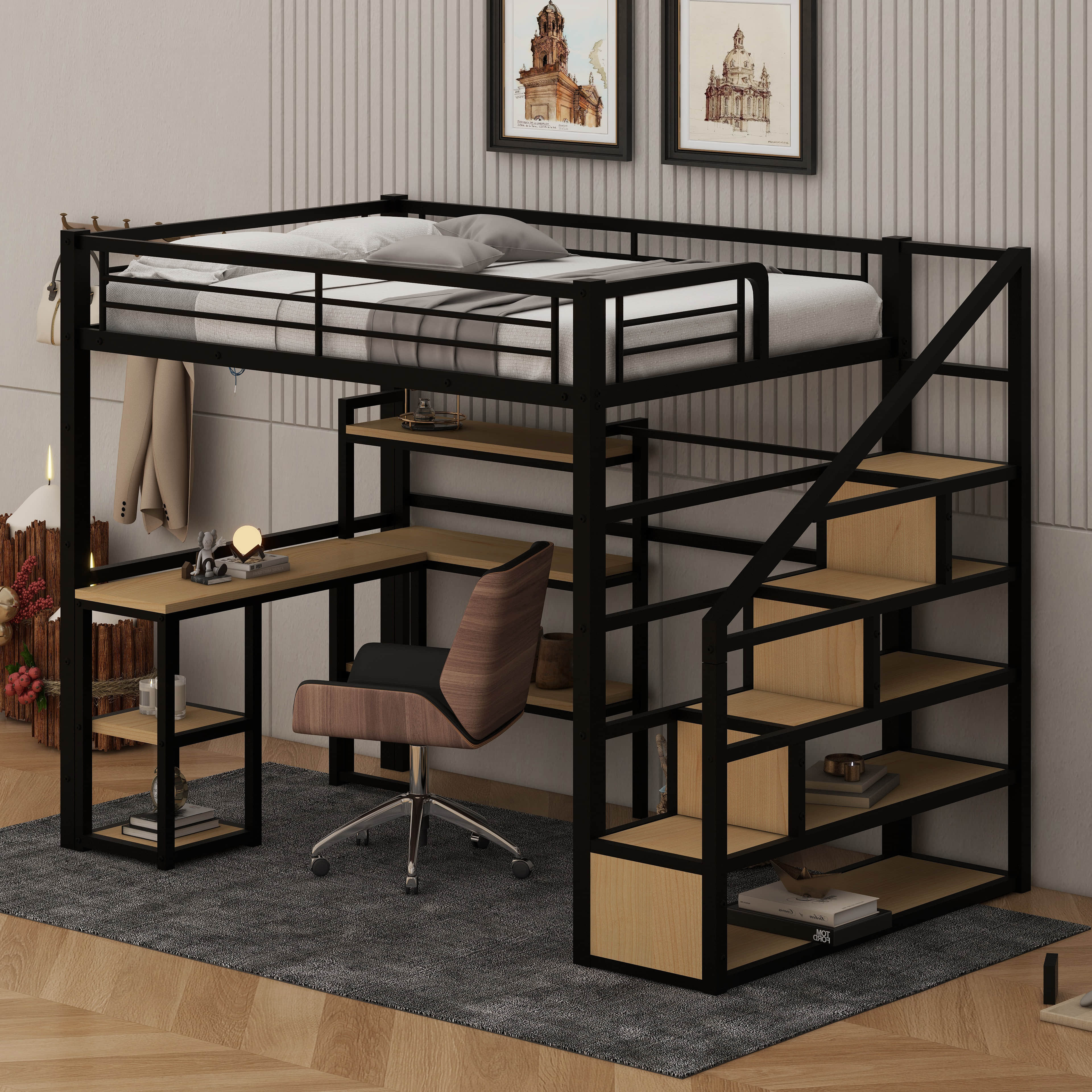 Latitude Run® Full Size Loft Bed Frame With Built-In Desk And Shelves ...