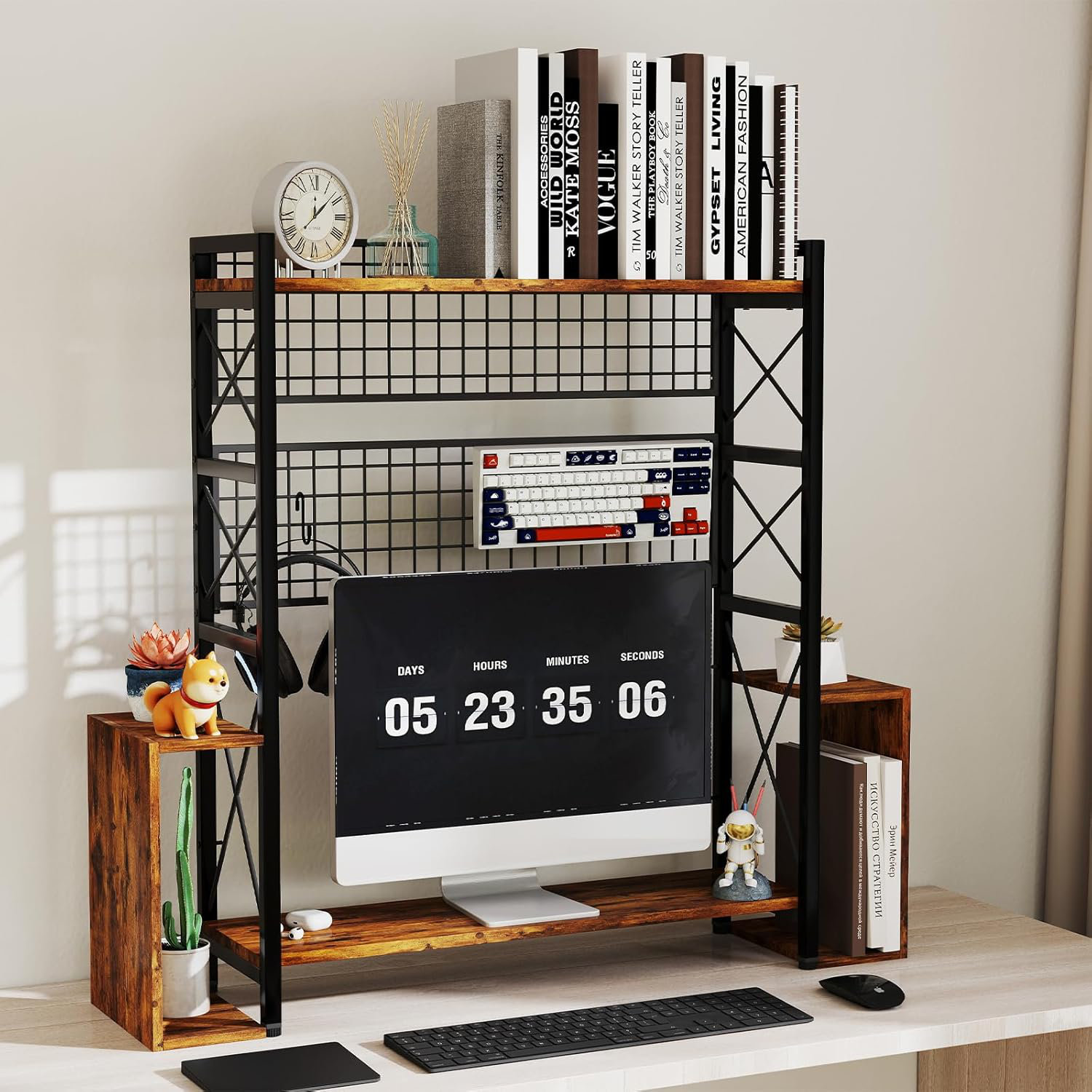 Inbox Zero 3-Tier Desktop Hutch Bookshelf, Large Wood & Metal Computer ...