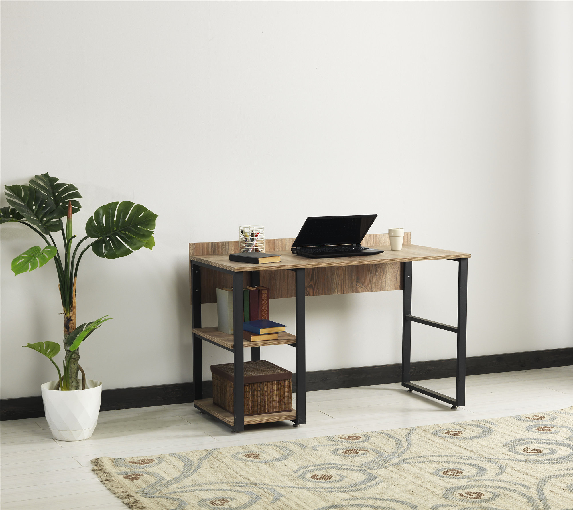 17 Stories Writing Desk With 2 Shelves, Metal Frame Computer Desk With ...