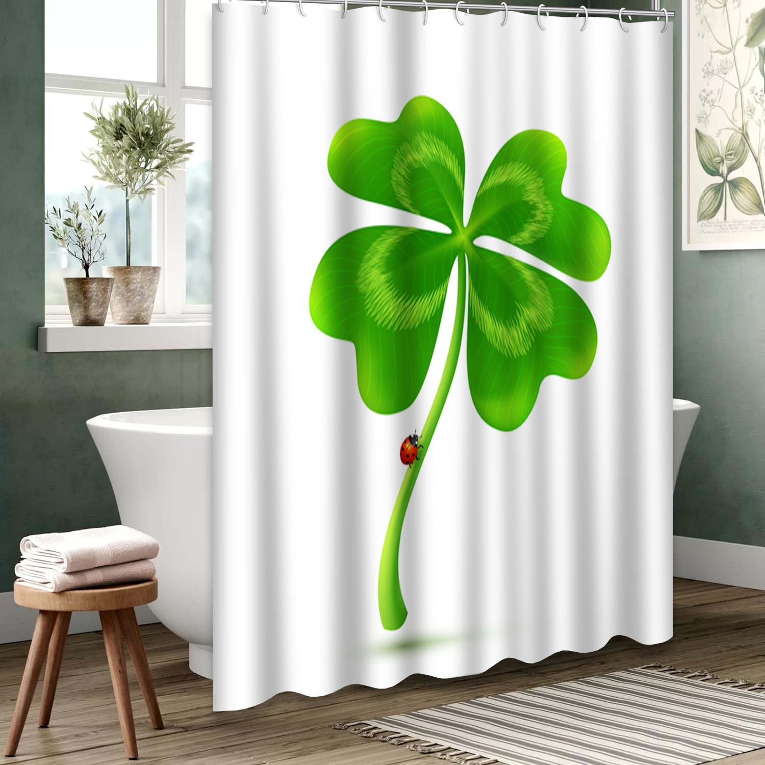 East Urban Home White Green Waterproof Shower Curtain,Four Leaf Clover ...