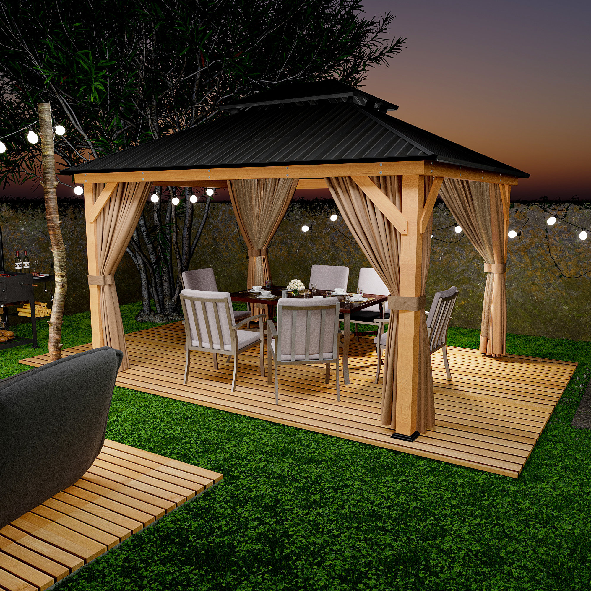 EGEIROS LIFE Solid Wooden Patio Gazebo with Double Roof, Netting and ...