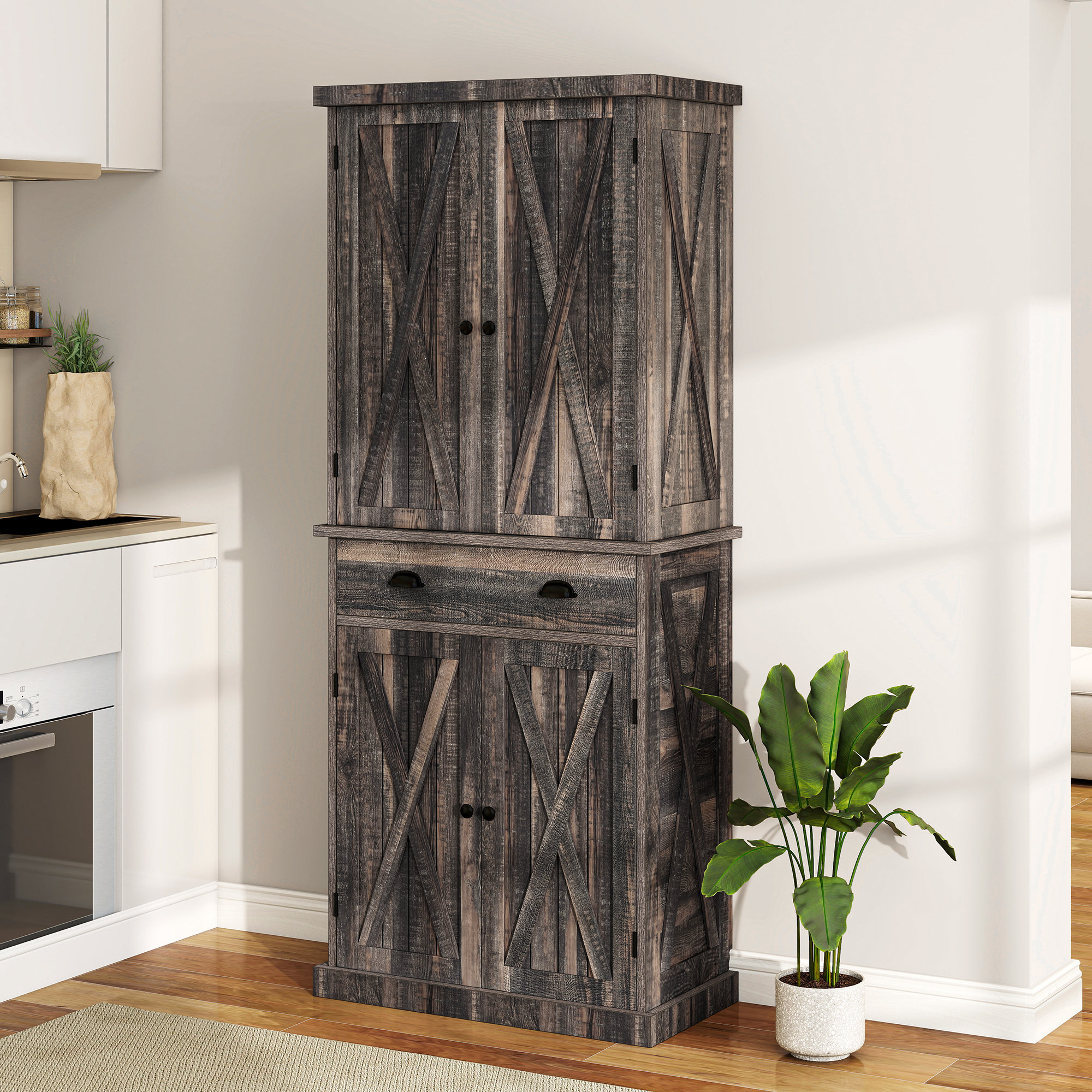 Gracie Oaks Sneyd 72" H Wood Farmhouse Kitchen Pantry Cabinet with ...