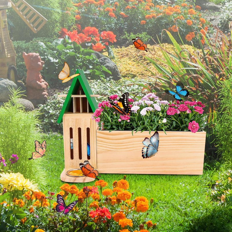 Gracie Oaks Wooden Butterfly House For Garden | Wayfair