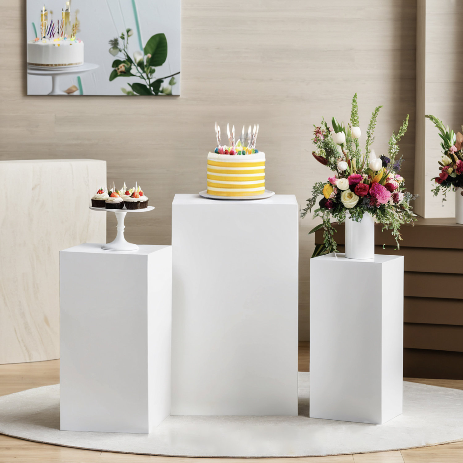 Full House Art Set Of 3 White Metal Display Pedestal Stand For Party ...