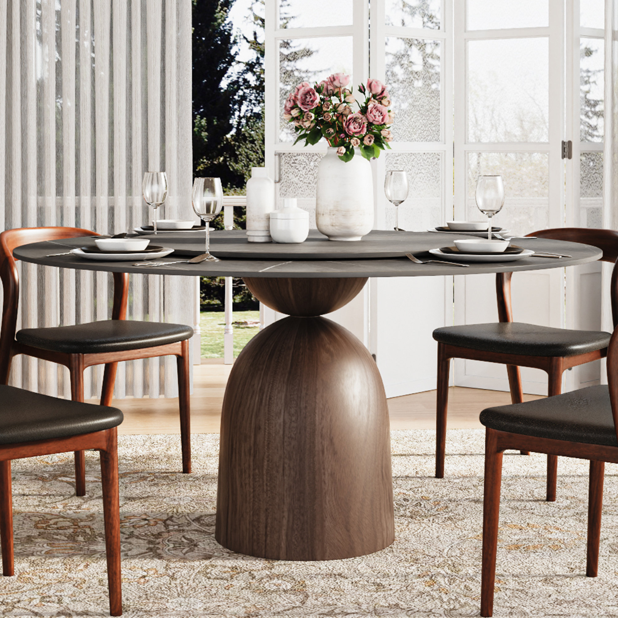 Corrigan Studio Gray Mid Modern Century Rotating Round Dining Table ...