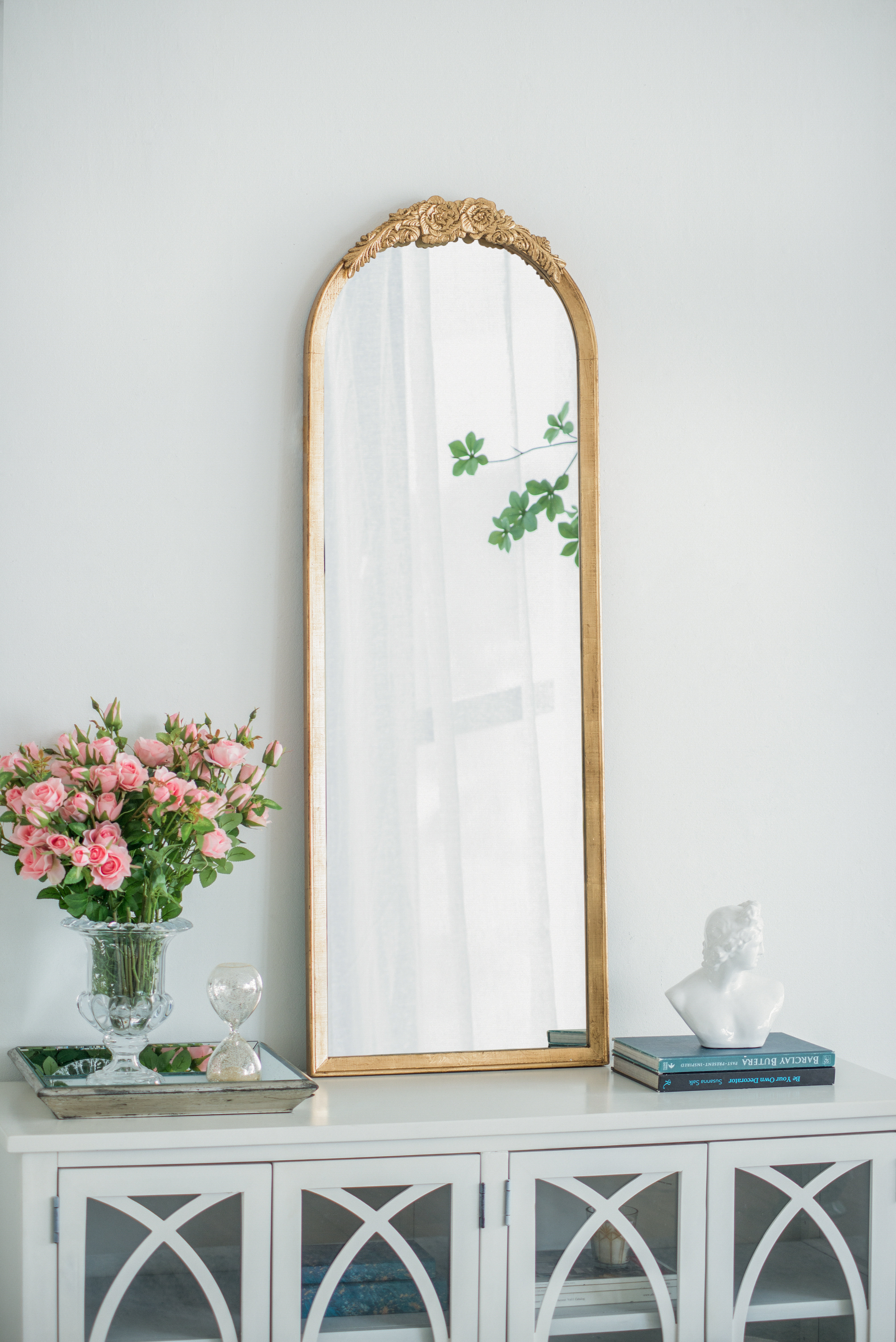 NFusion Brian Arched Wood Floor Mirror with Floral Detailing | Wayfair