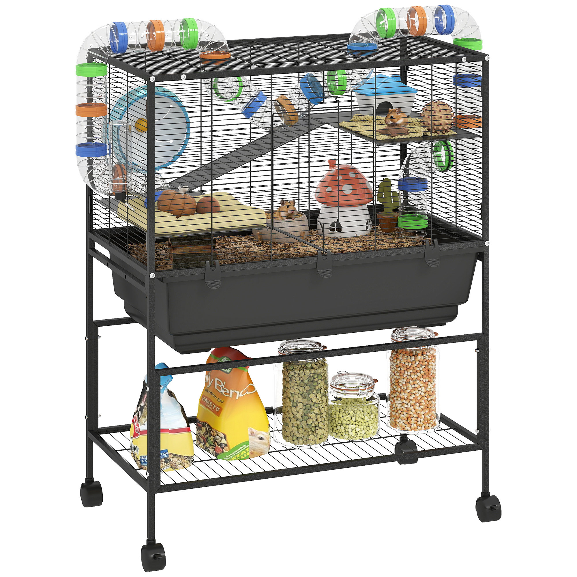 17 Stories Hamster Cage with Deep Tray, 3 Tier Rolling Rat Cage with ...