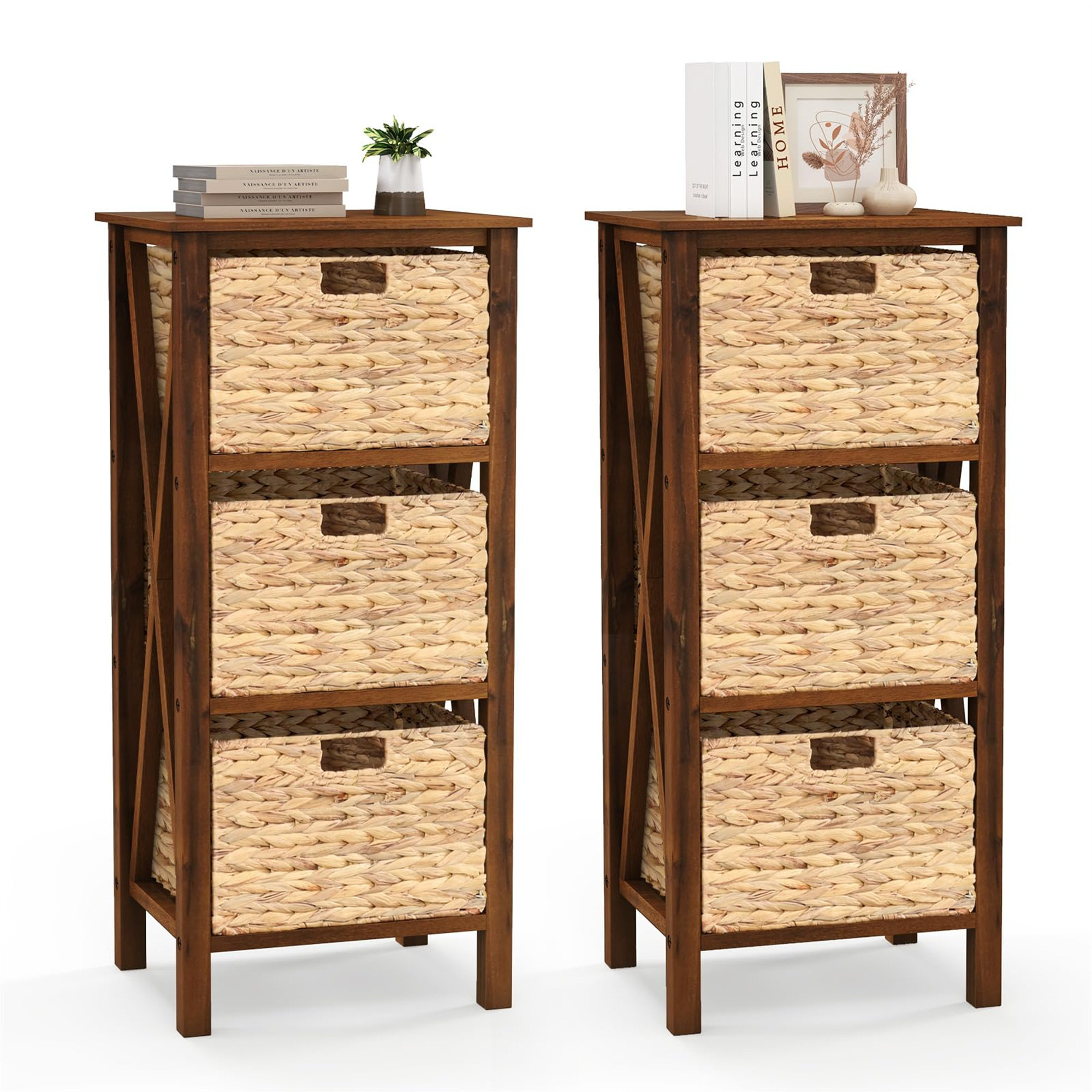 August Grove Bedside Table With 3 Seagrass Baskets, Solid Wood Narrow ...