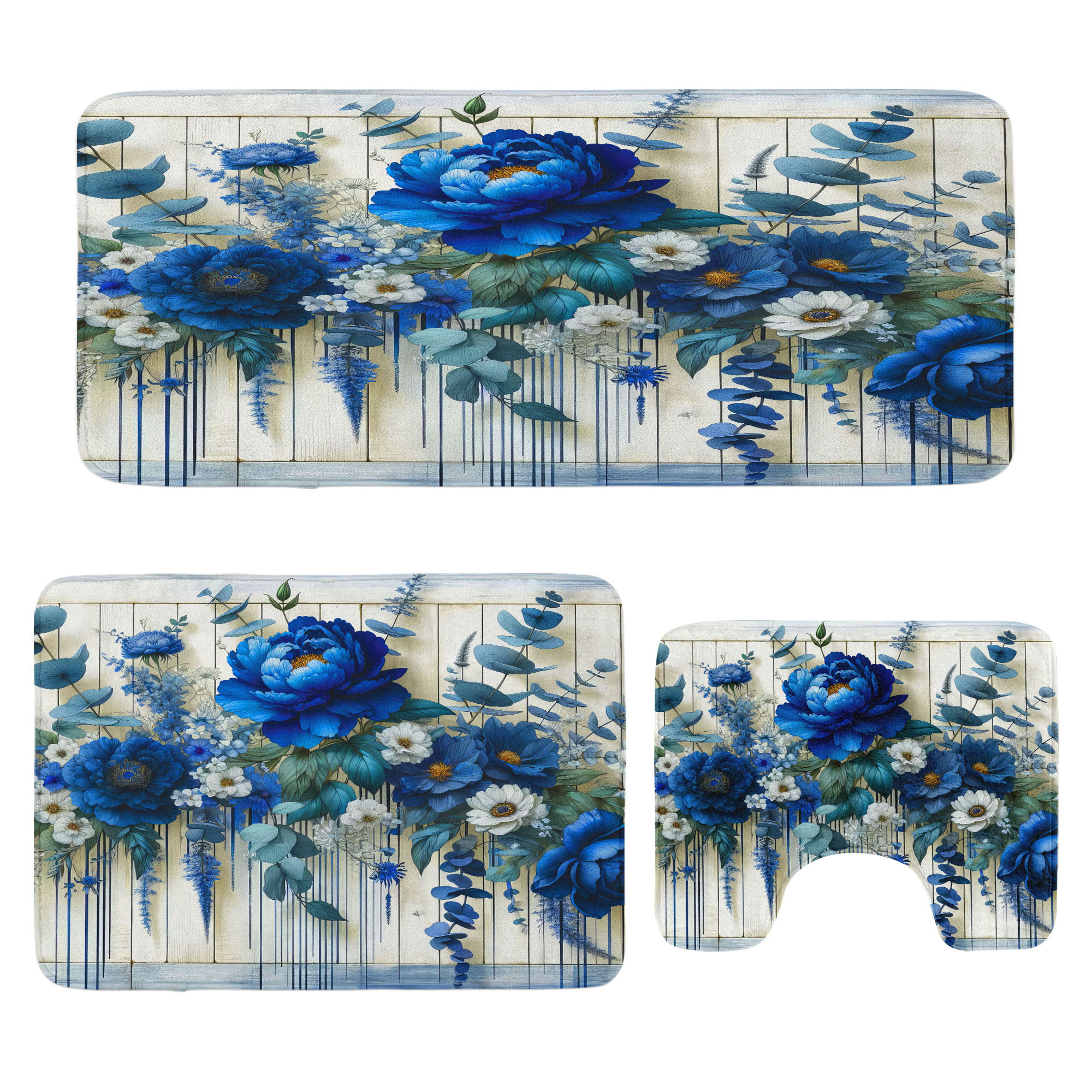 East Urban Home Blue Bathroom Rug Set 3 Pieces U-Shape & Rectangle Mats ...