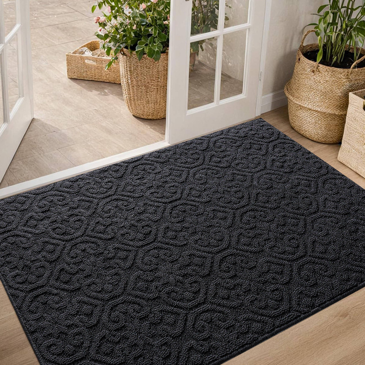 Ebern Designs Large Floral Indoor Outdoor Doormat,Machine Washable Low ...