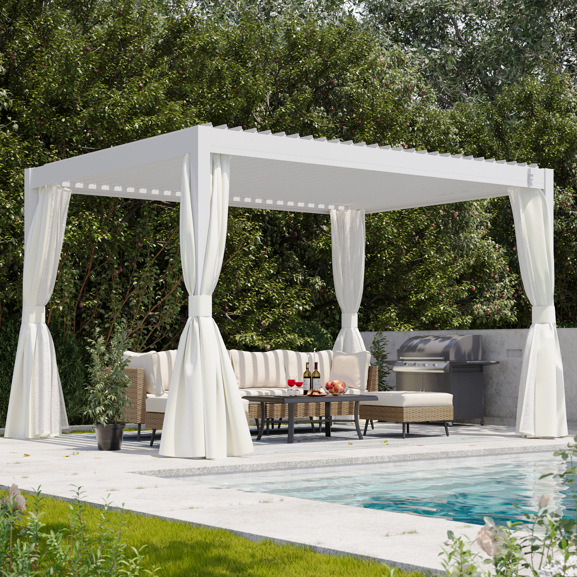Lausaint Home 13 Ft. W x 10 Ft. D Metal Pergola with privacy curtains ...
