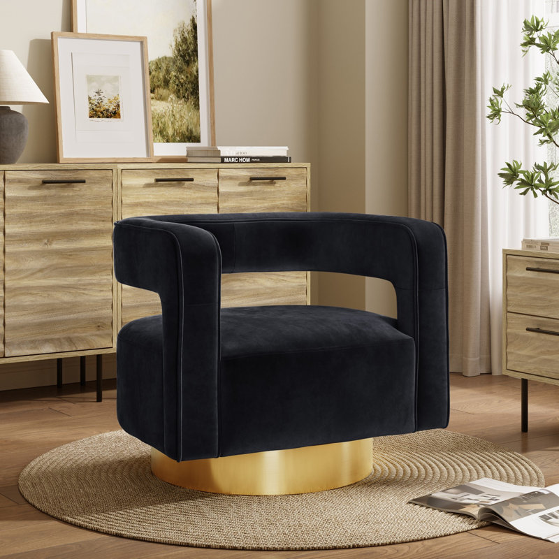 Mercer41 Upholstered Black Velvet Open Back Club Chair with Gold Base ...
