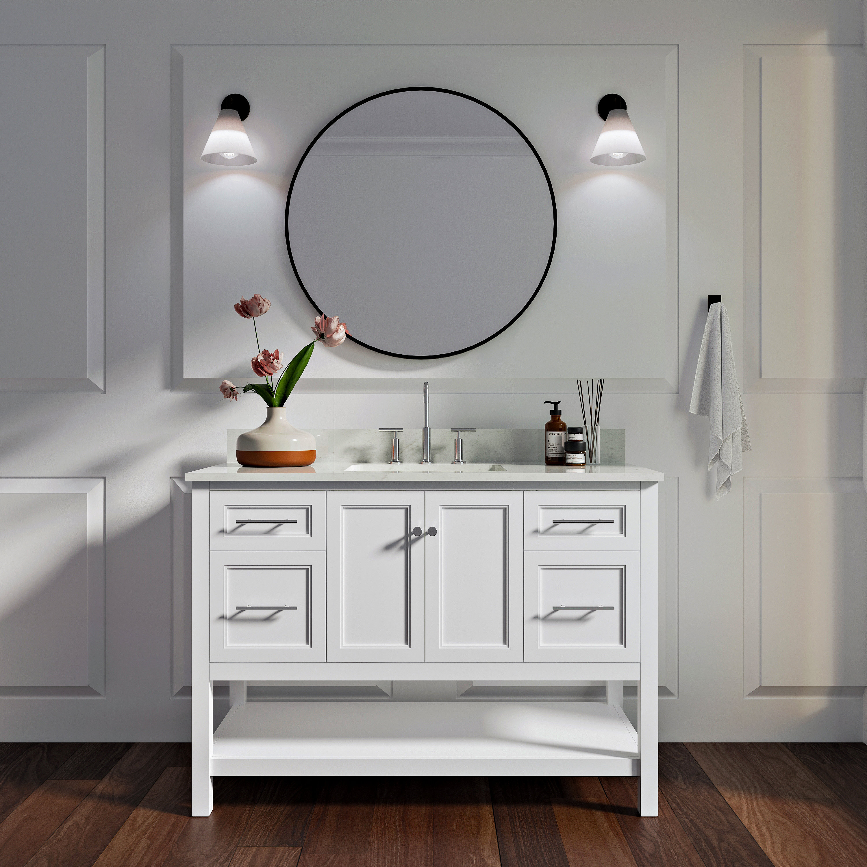 222 Fifth Gramercy White 48-Inch Bathroom Vanity, White, Engineered ...