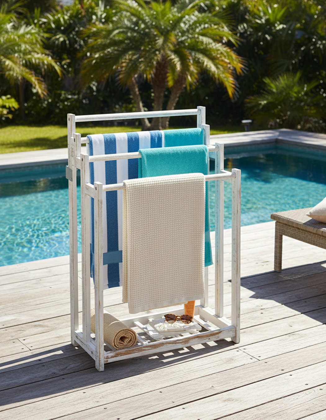 Fleur De Lis Living Freestanding Whitewashed Wood 3-Bar Towel Rack With ...