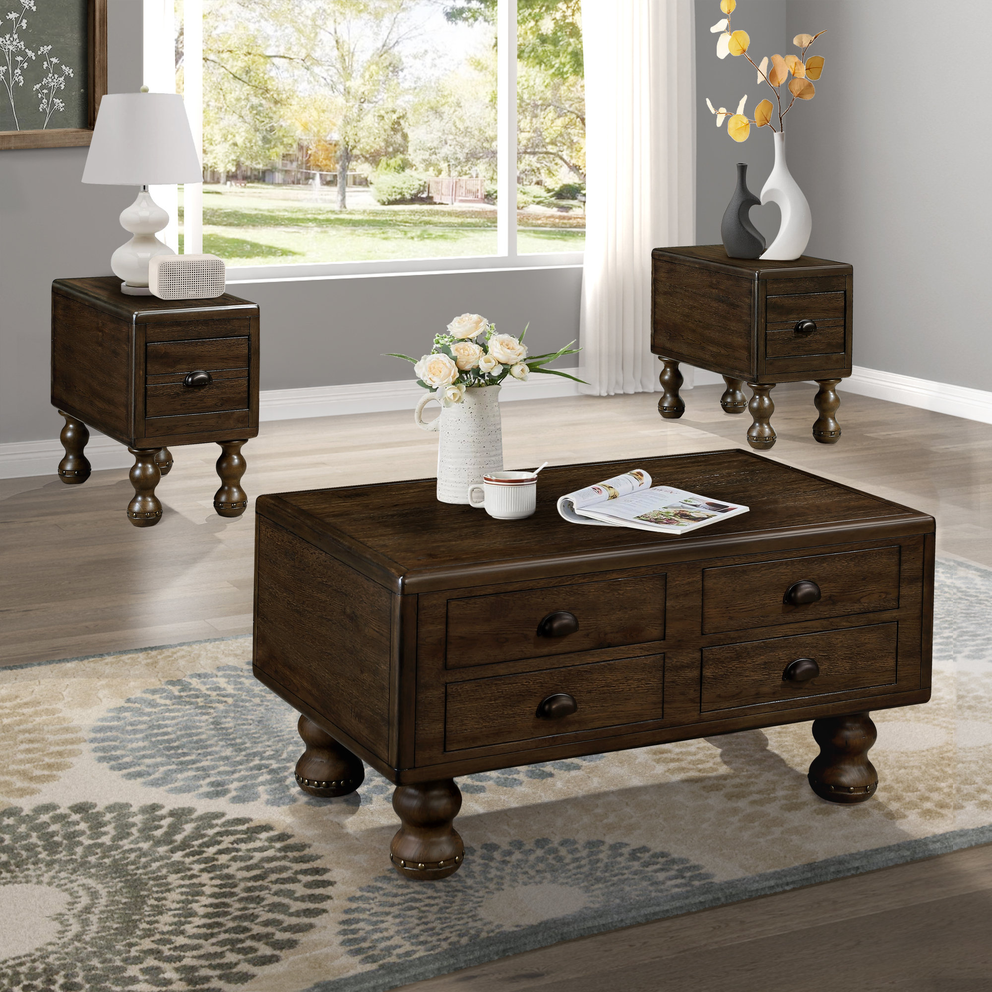 Bailongdoo -piece Solid Wood Coffee Table Set - 1 Coffee Table And 2 End Tables With Rivet Legs ...