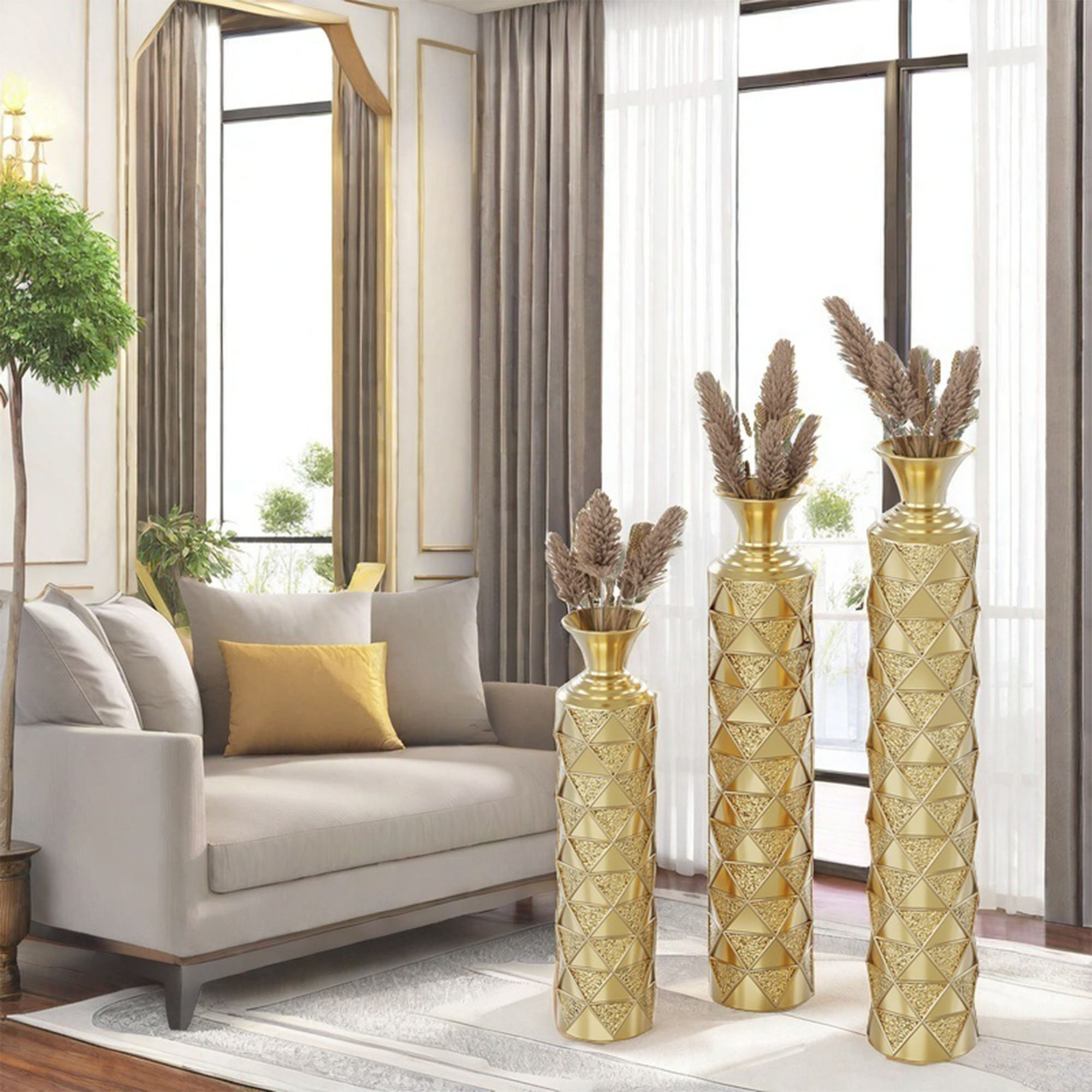 Everly Quinn 3-Piece Gold Floor Vase Set With Triangular Relief Design ...