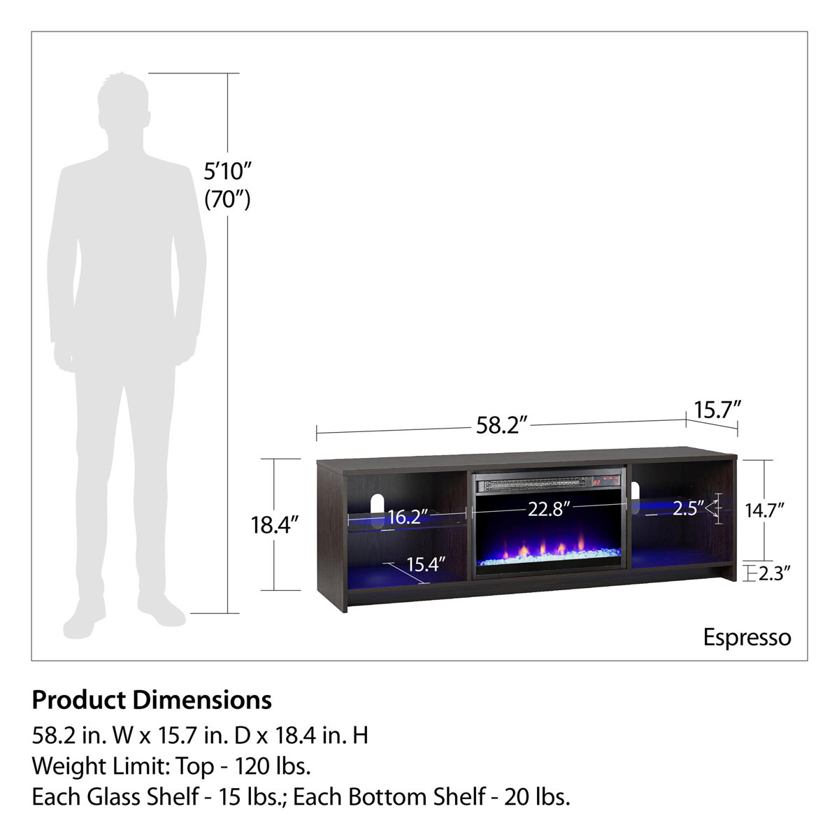 Ebern Designs Mascher Fireplace Console for TVs up to 65", Espresso ...