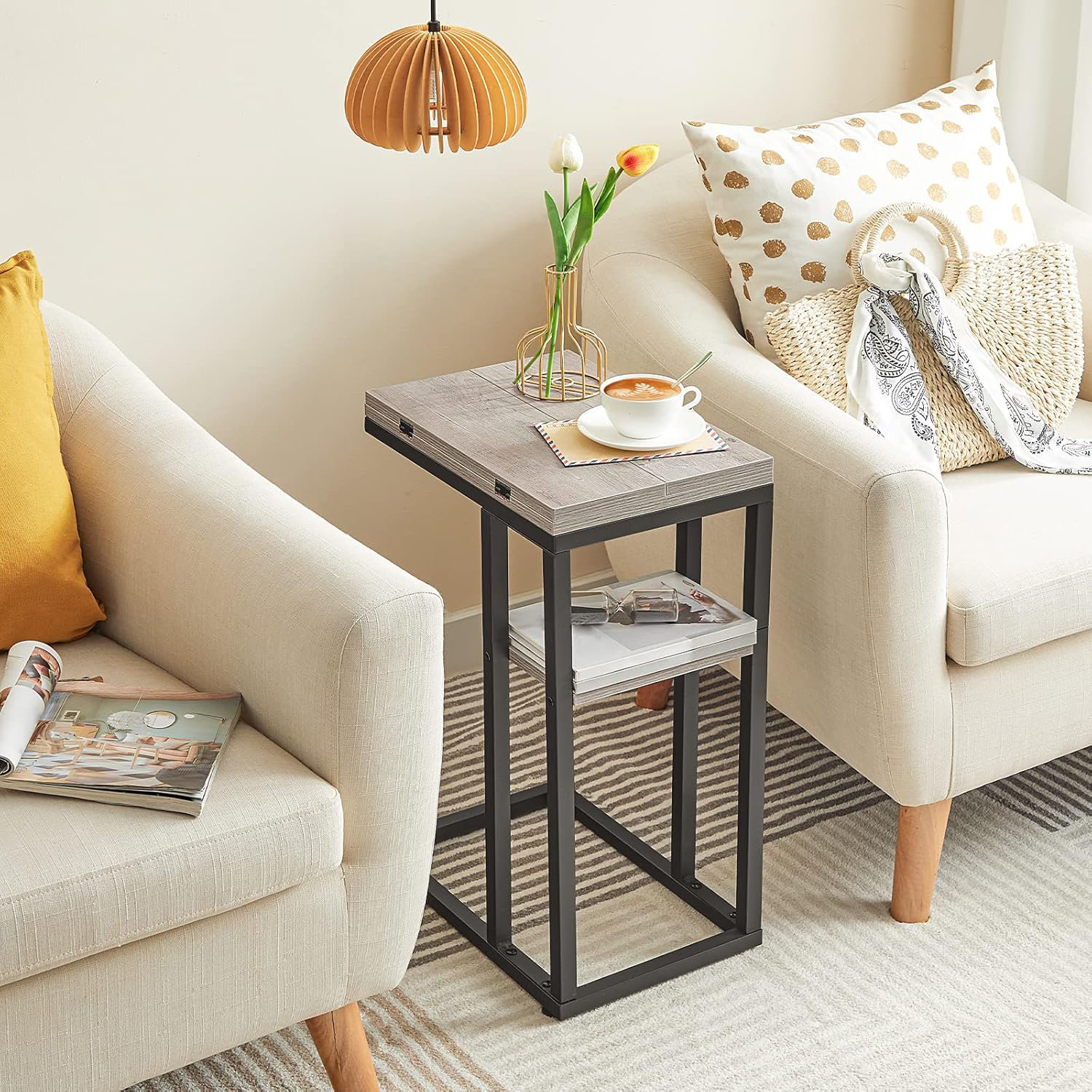 17 Stories Foldable End Table, C Shaped Side Table with Storage Shelf ...