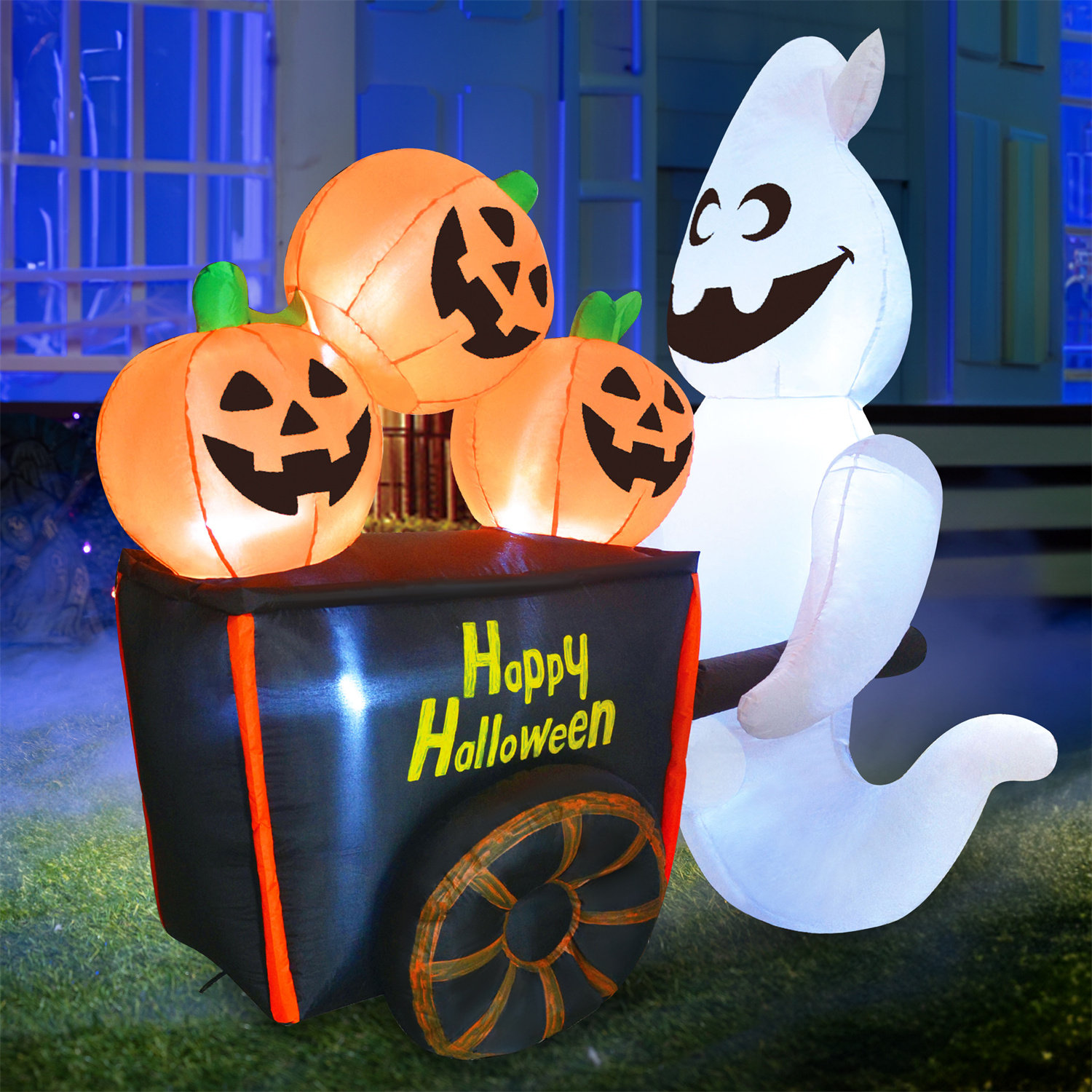 The Holiday Aisle® Halloween Inflatable Ghost Pushing Pumpkin Cart with ...