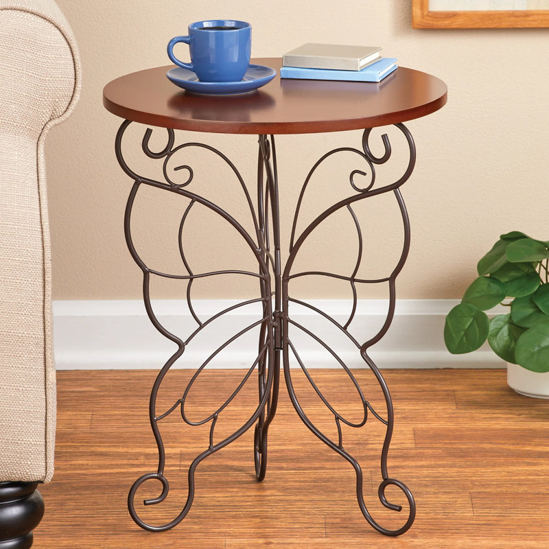 August Grove® Elegant Iron Butterfly Wooden Top Accent Table | Wayfair