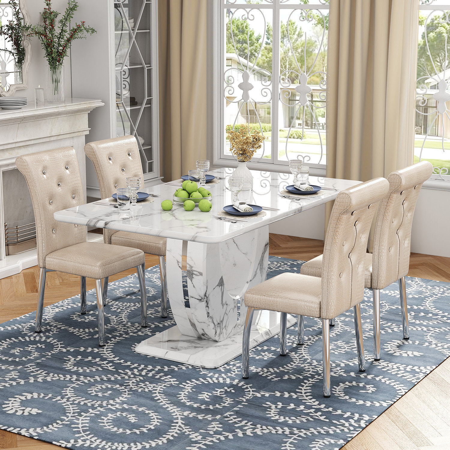 TRQ 63'' Faux Marble Dining Table Set With PU Leather Chairs And Spring ...
