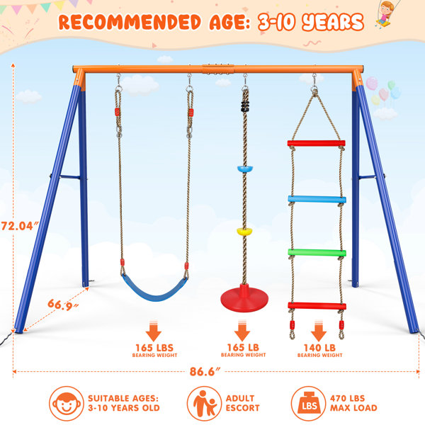 Jovego 3-In-1 Outdoor Swing Set For Kids, 470Lbs Capacity, Adjustable ...