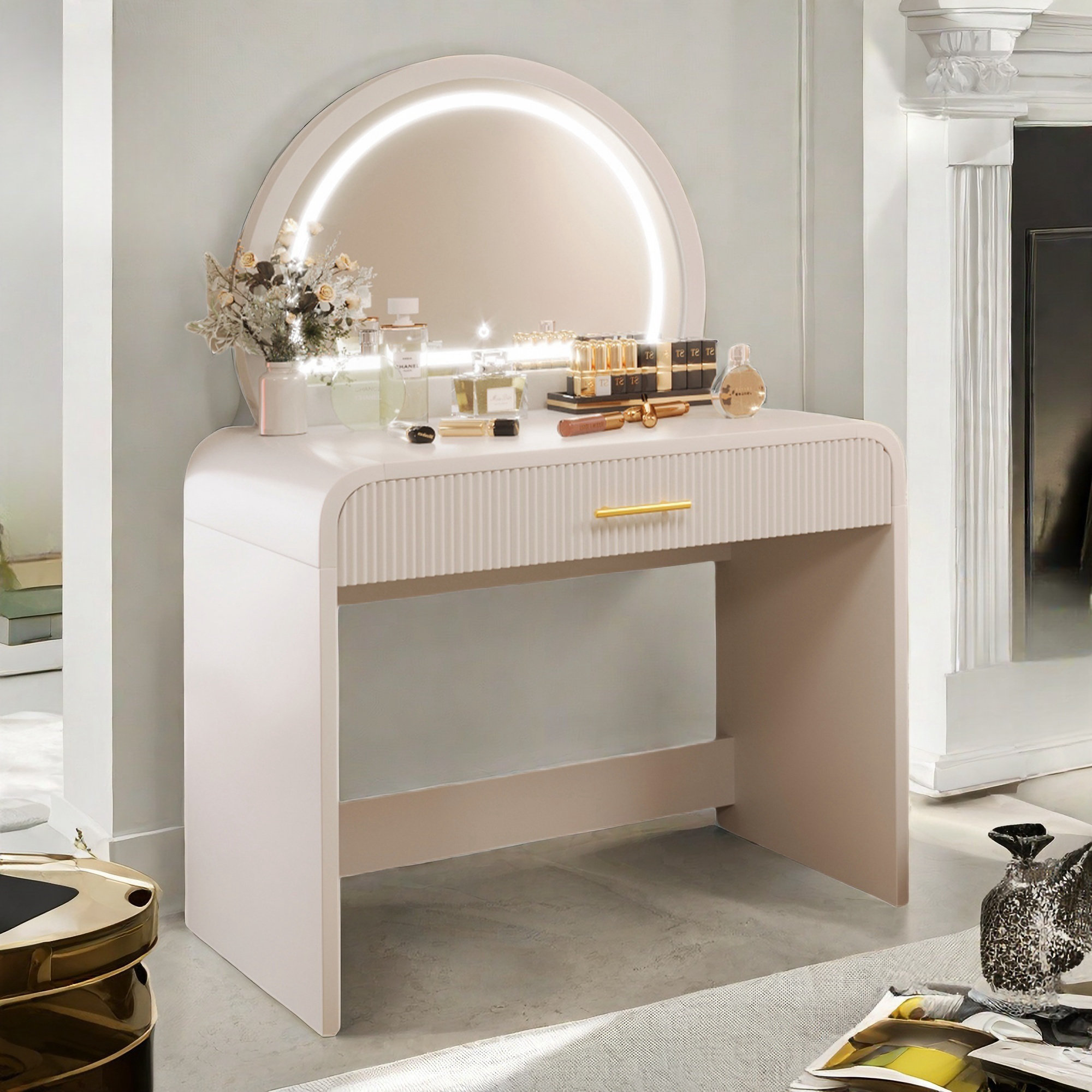 Ivy Bronx Makeup Vanity Table With Touch Screen Lighted Mirror ...