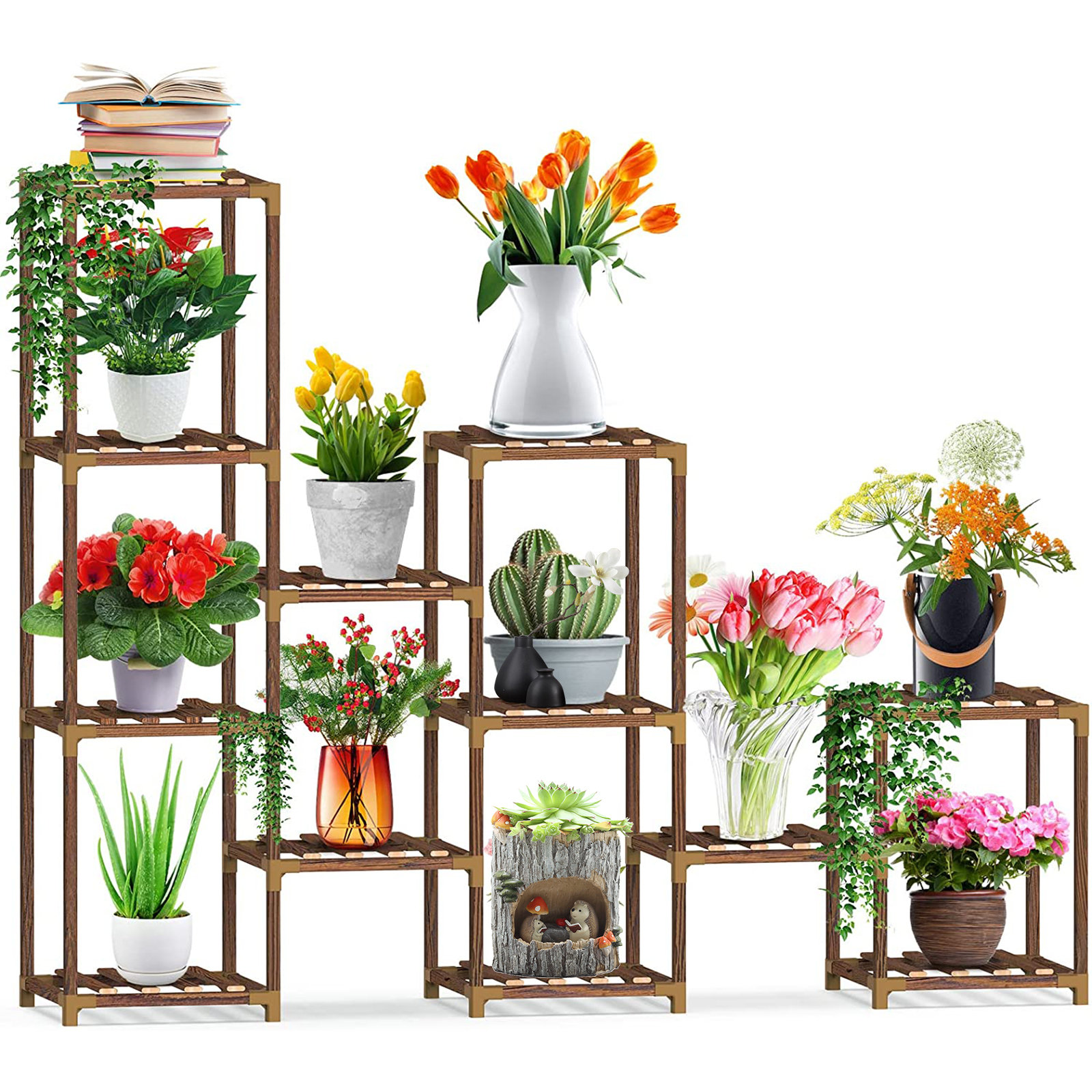 Arlmont & Co. 12 Tier Ladder Plant Stand Indoor 12 Tiers Nature Wood ...