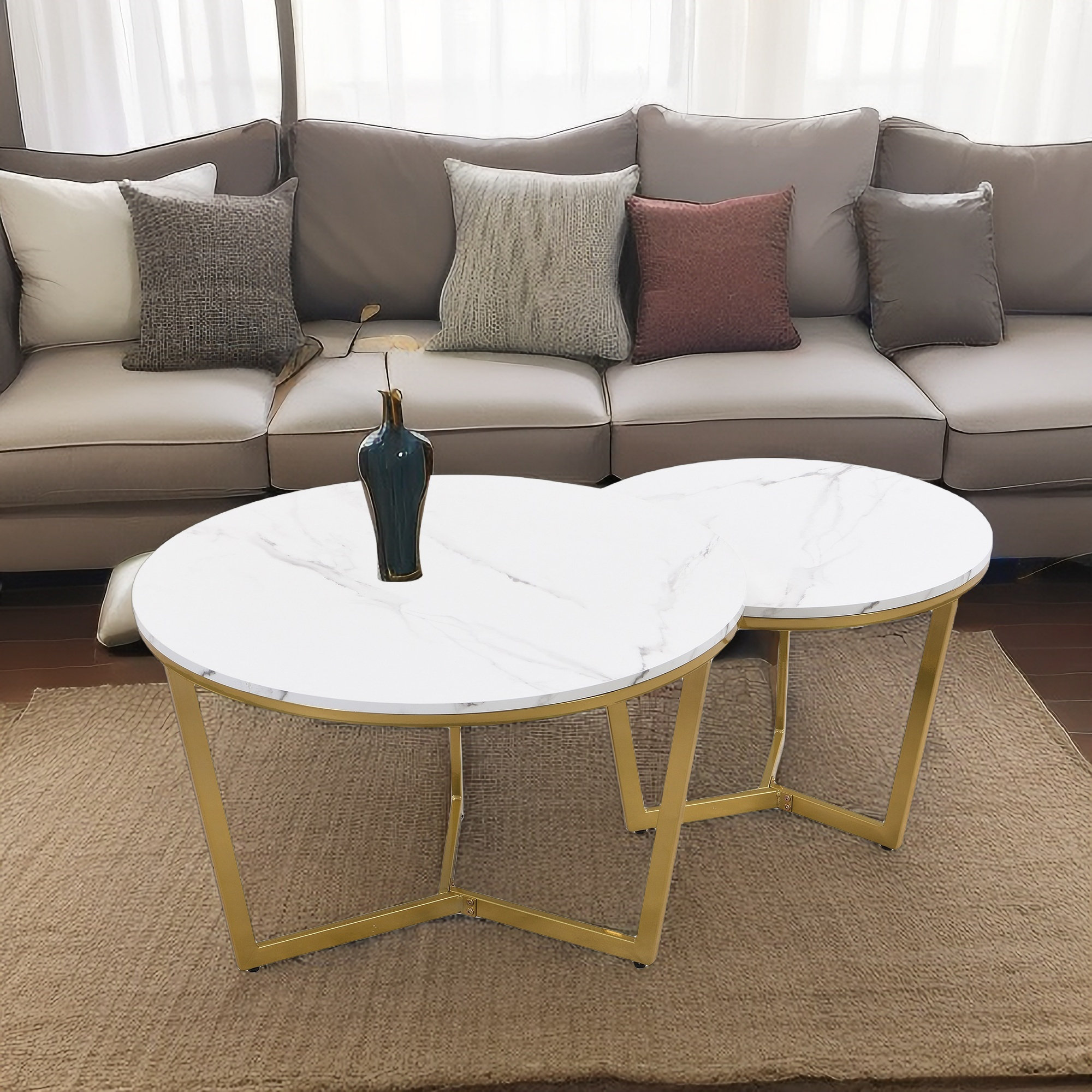 Mercer41 Beatriz Round Nesting Coffee Table with Marbling Top and Gold ...