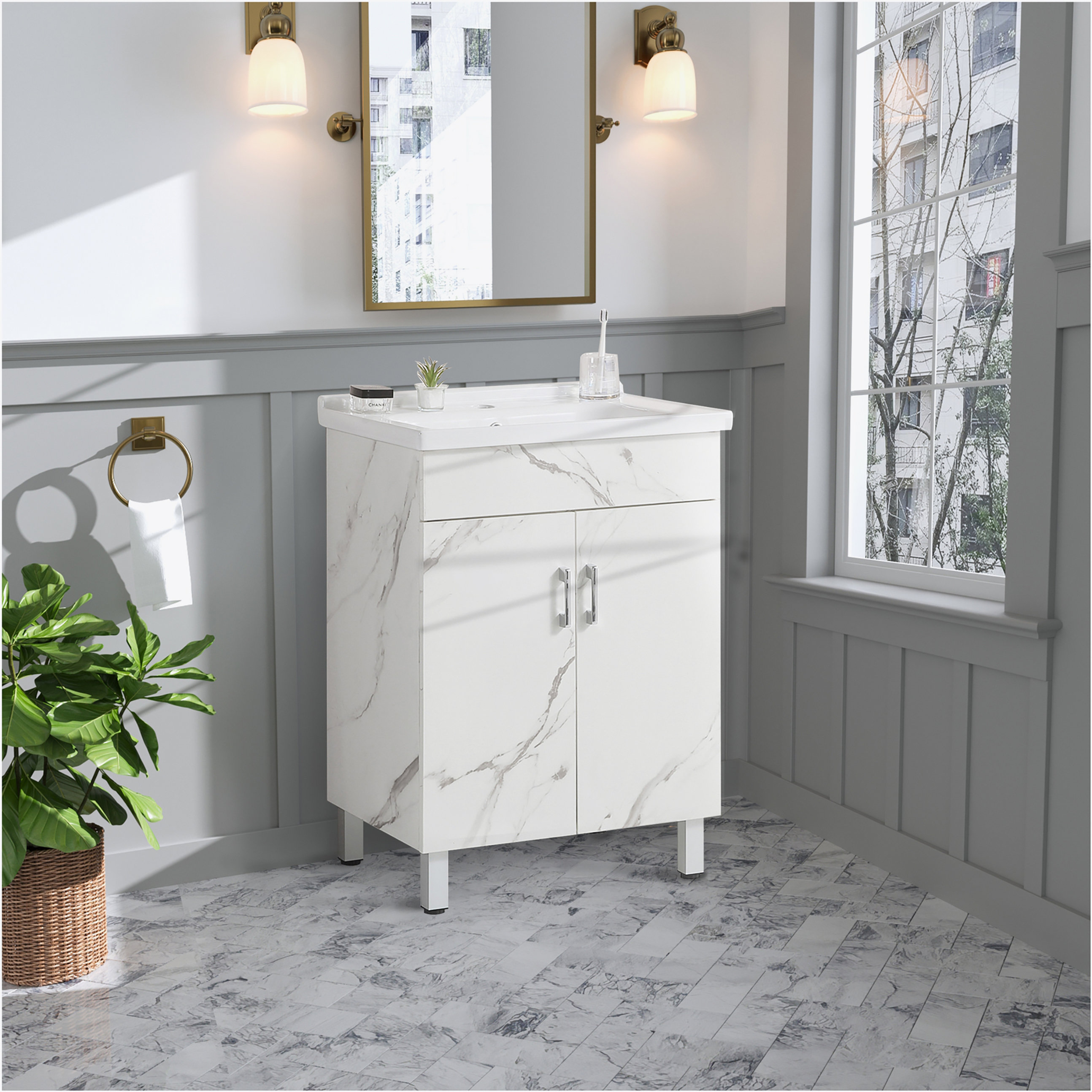 Wrought Studio™ 24-inch marble-textured bathroom cabinet with ceramic ...
