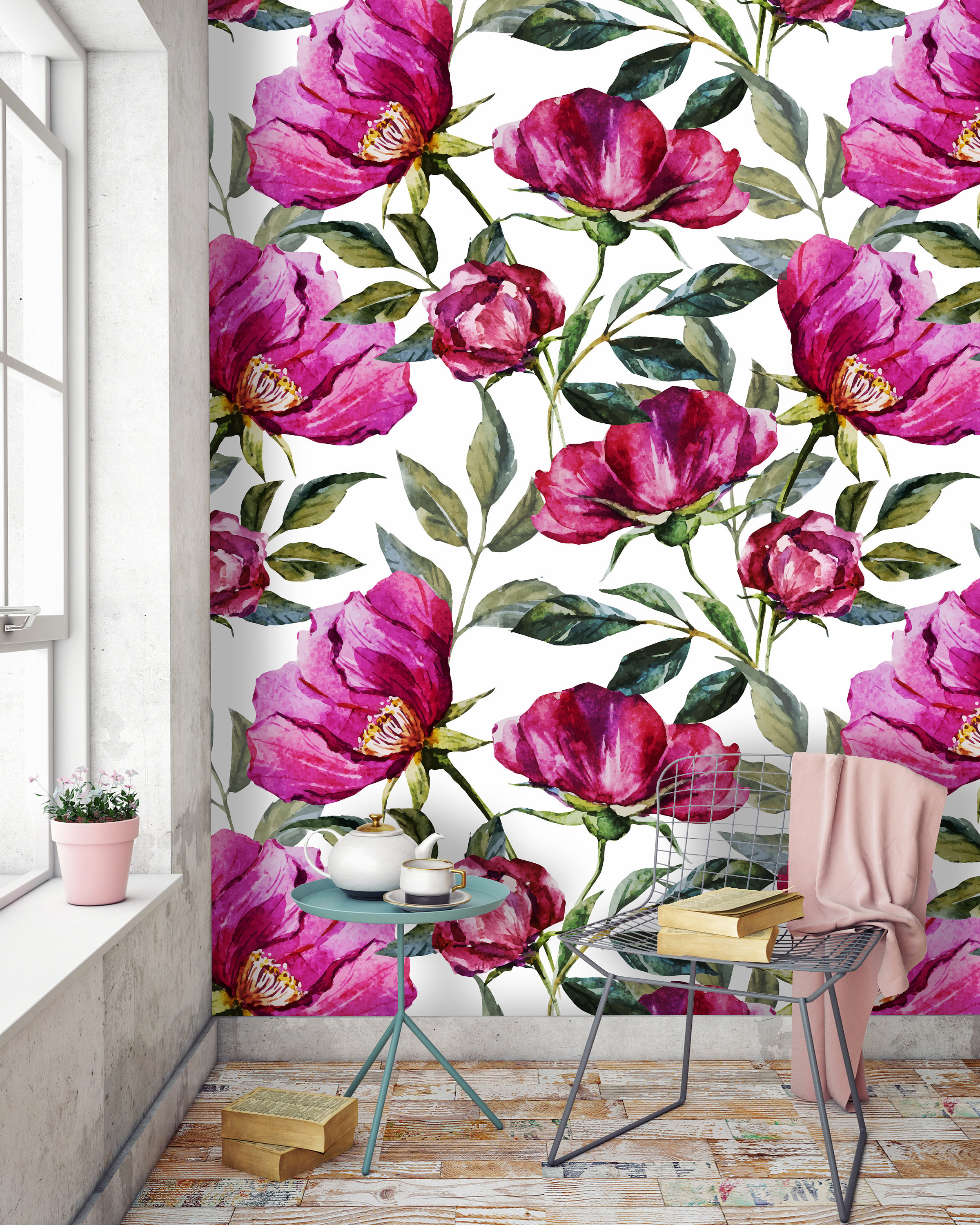 House of Hampton® Calvert Removable Poppy Floral 8.33' L x 100" W Peel ...