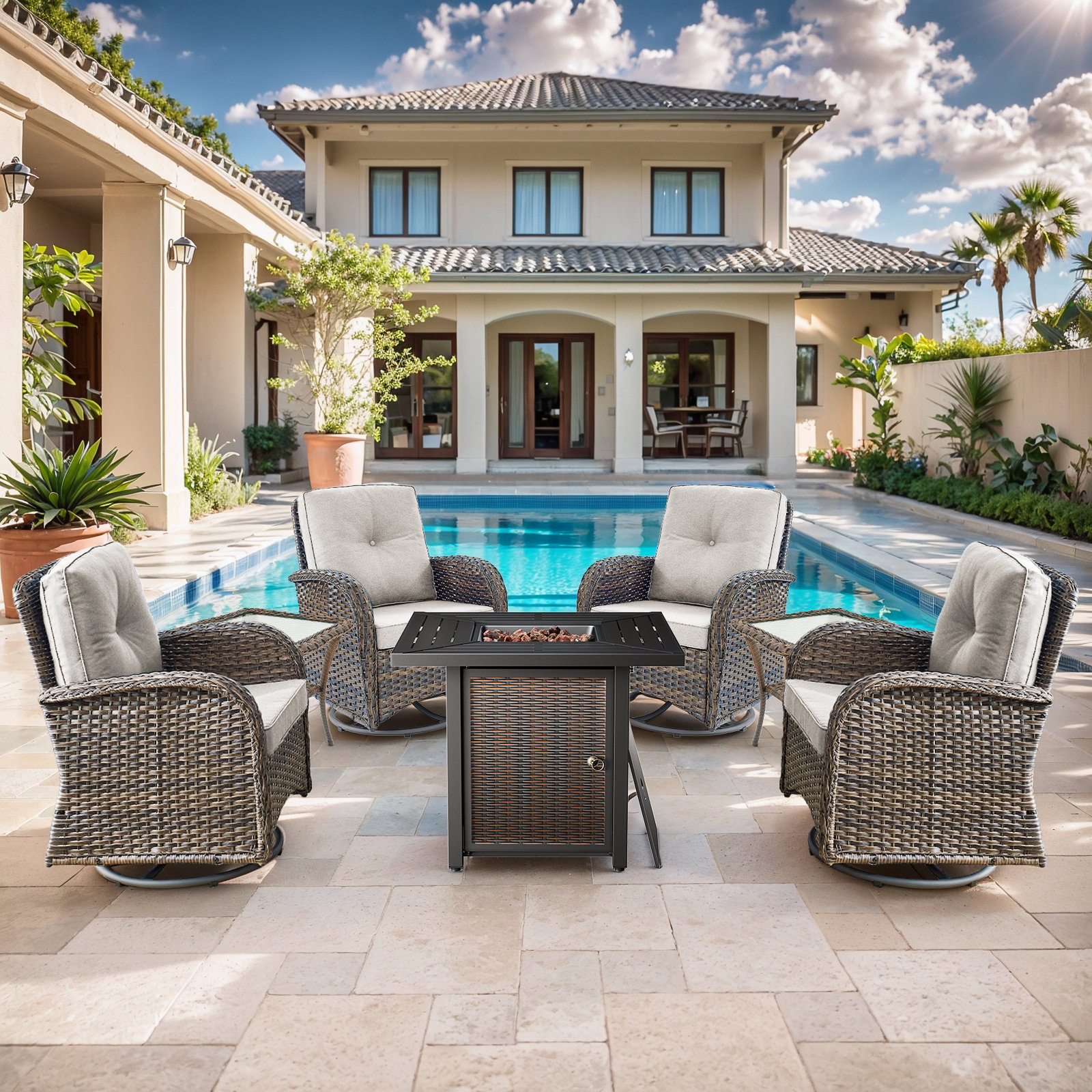 Winston Porter 7-Pieces Outdoor Wicker Chair & Fire Pit Table ...